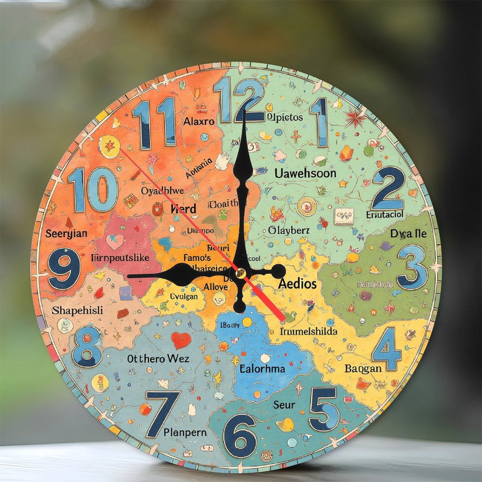 Unique Colorful World Map Clock Wall Decor 10-Inch Silent Wooden Wall ...