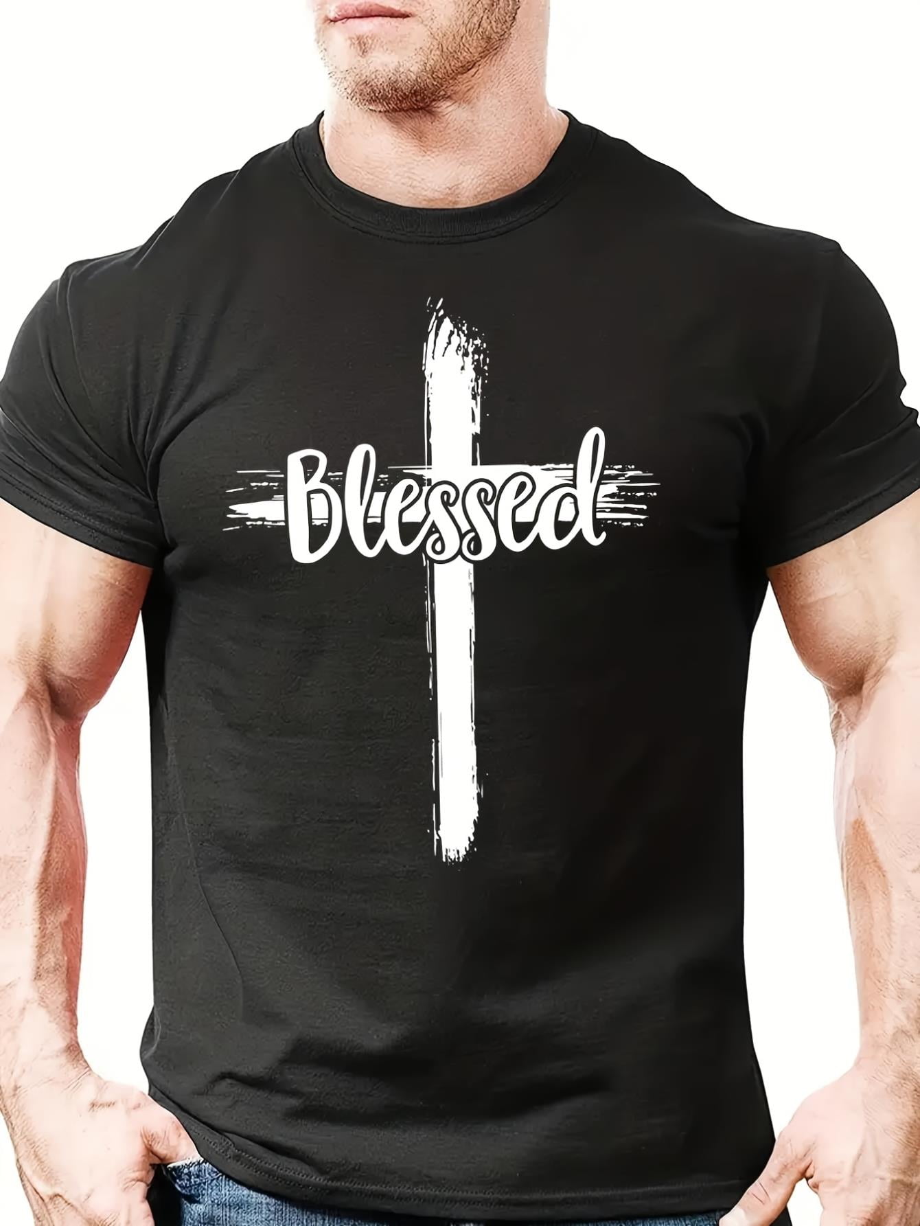 Unique Cross & Letter Blessed Pattern Print Graphic Tee - Ultra-Comfy ...