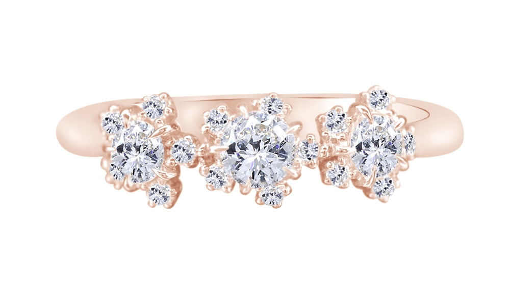 AFFY Unique Dainty Rose-Shape Three Stone White Diamond Cosmos Ring in ...