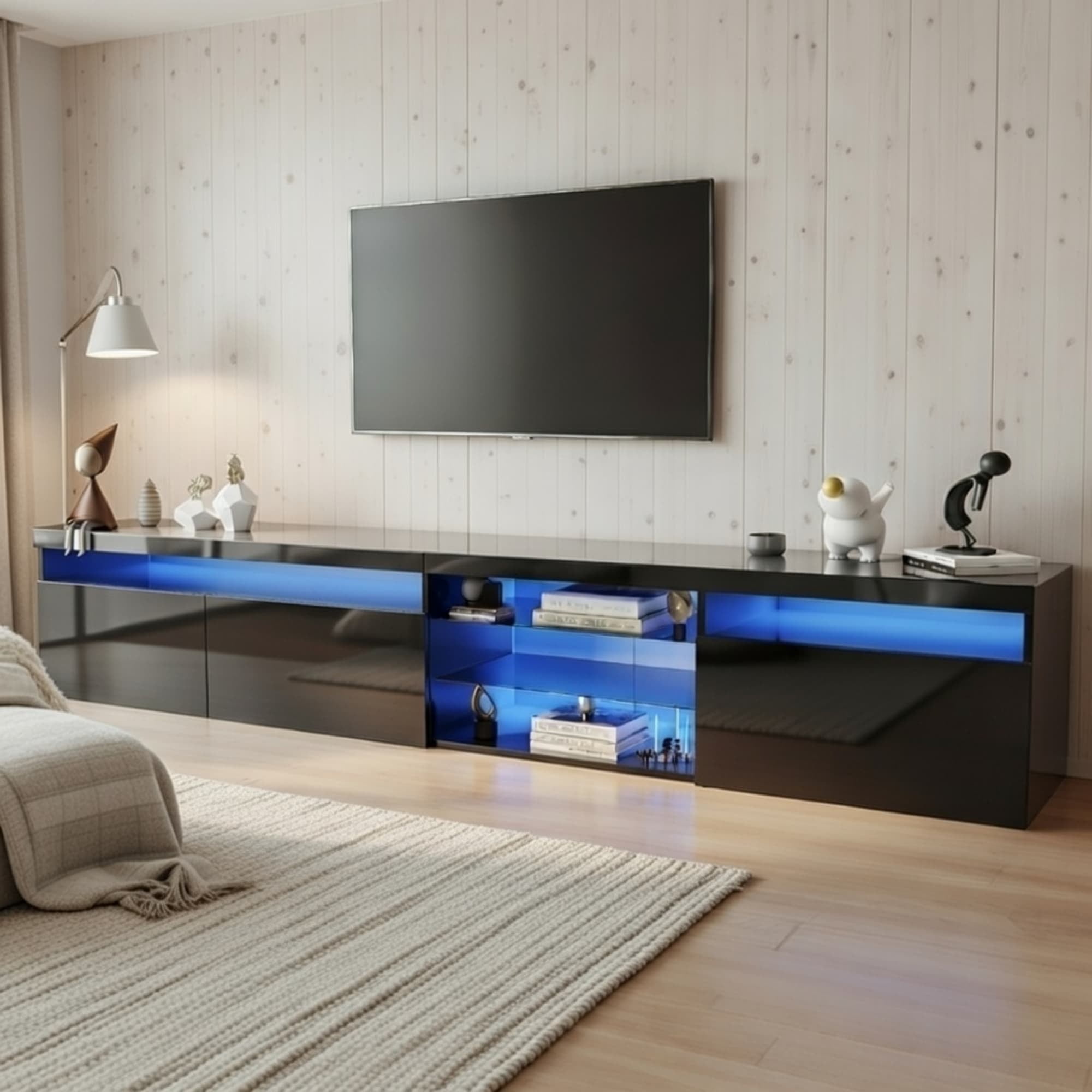 Unique Design TV Stand with 2 Glass Shelves, Media Console for TVs Up ...