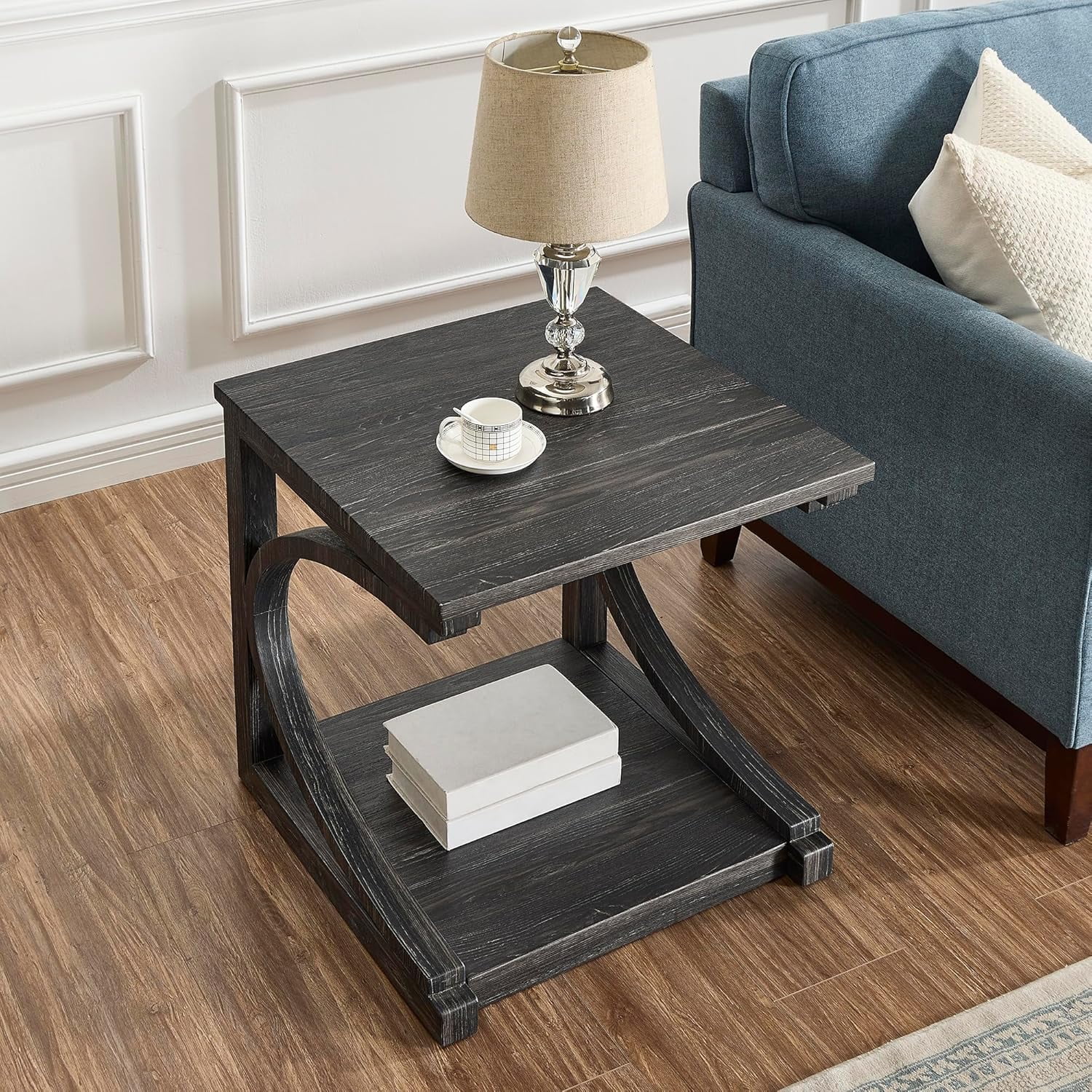 Unique End Table for Living Room, Solid Wood Sofa Side Table with Shelf ...