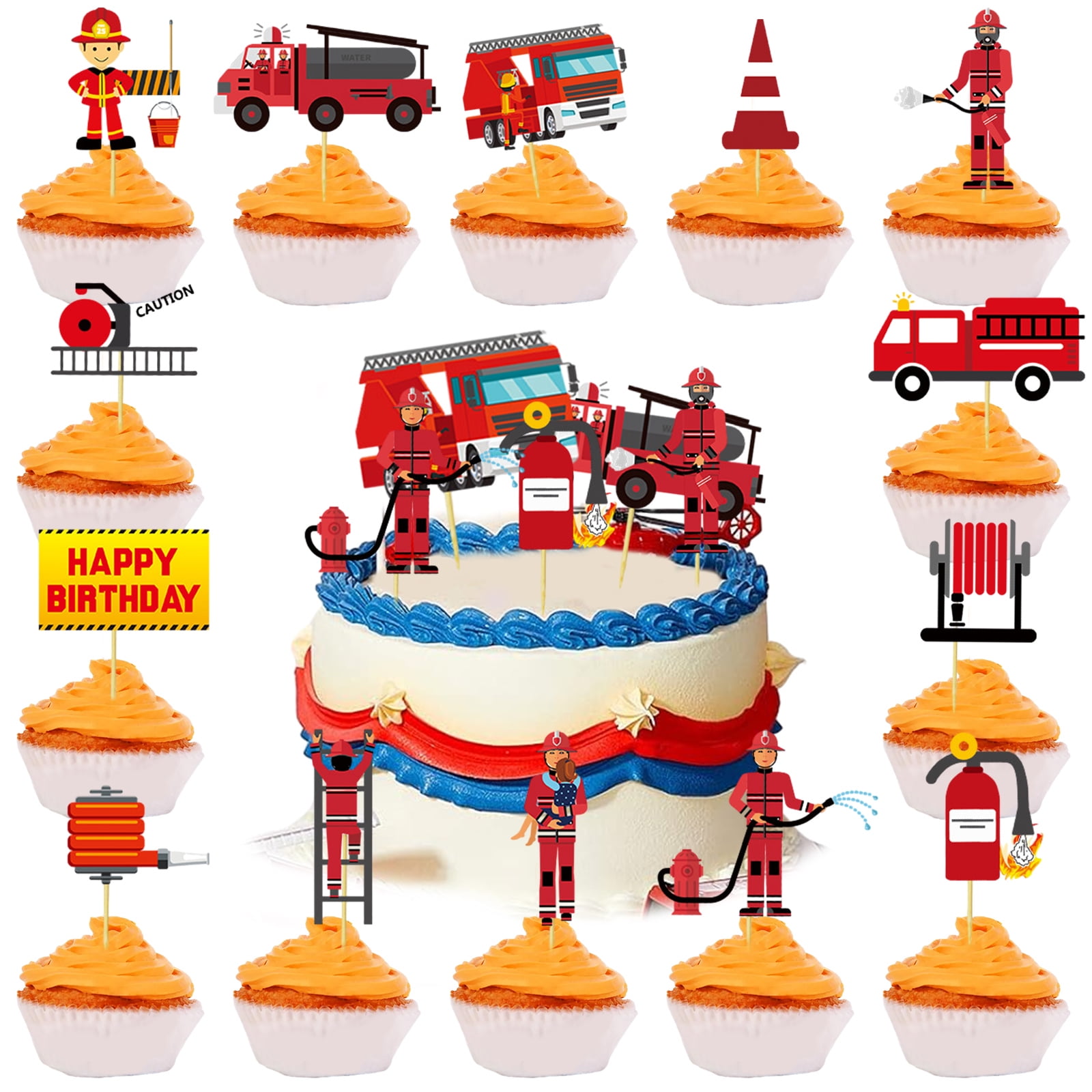 Unique Firefighter Themed Fire Engine Cake Topper, Fire Truck Cupcake ...