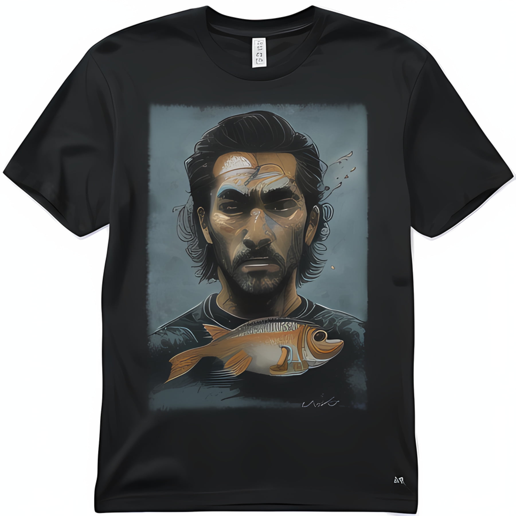 Unique Fish Face Graphic Black T-Shirt Front View Character Concept Art ...
