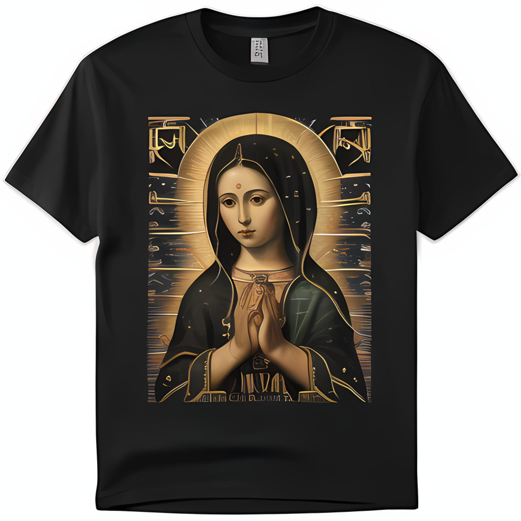 Unique Gunmetal Praying Mother Mary Design on Black T-Shirt with Golden ...