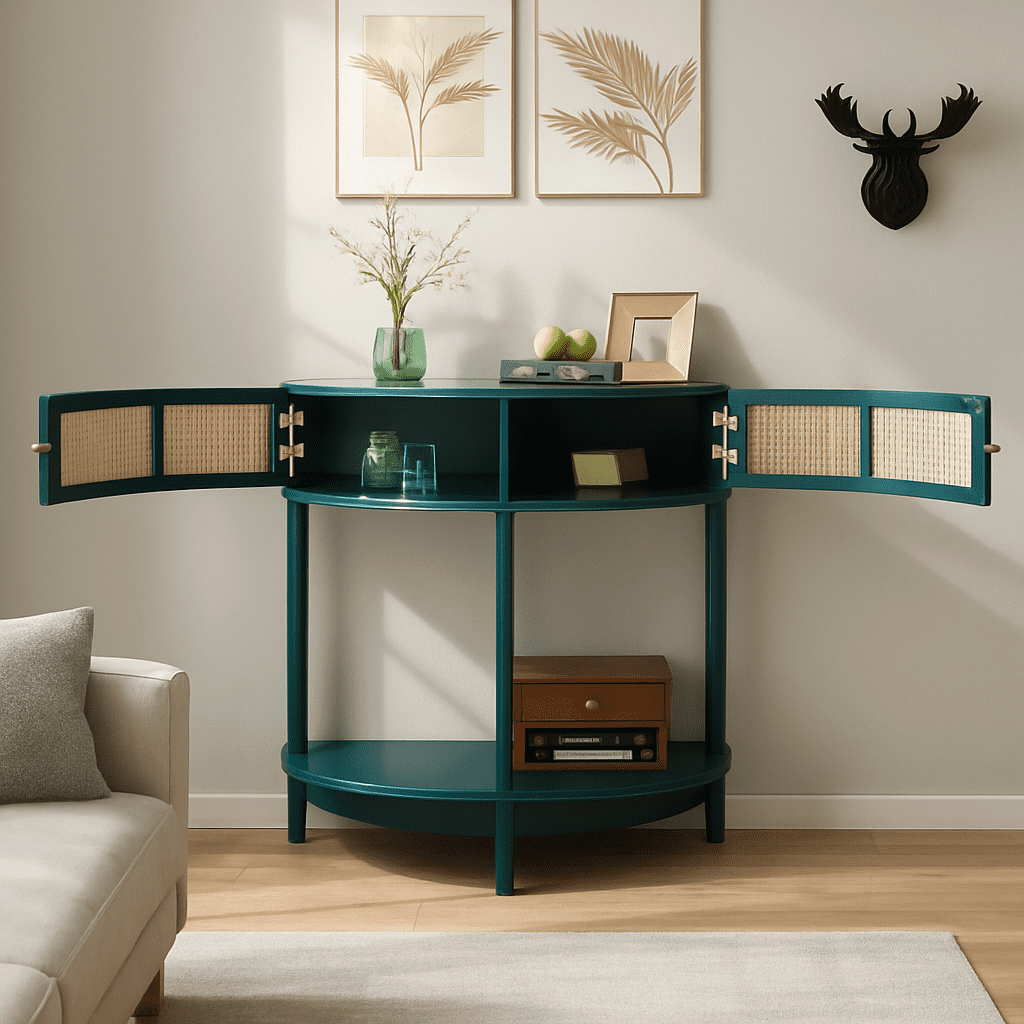 Unique Half Moon Design End Table with Sliding Rattan Door,Elegant Semi ...