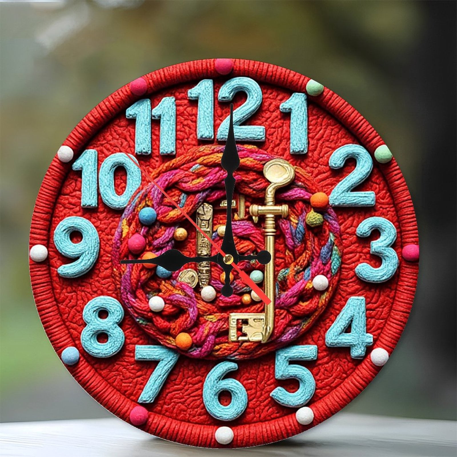 Unique Handmade Yarn Clock Red Key Decor 10-Inch Silent Wooden Wall ...