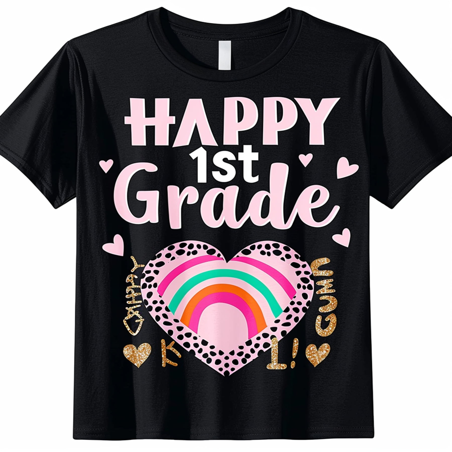 Unique Happy 1st Grade Kindergarten Design Black T Shirt with Rainbow ...