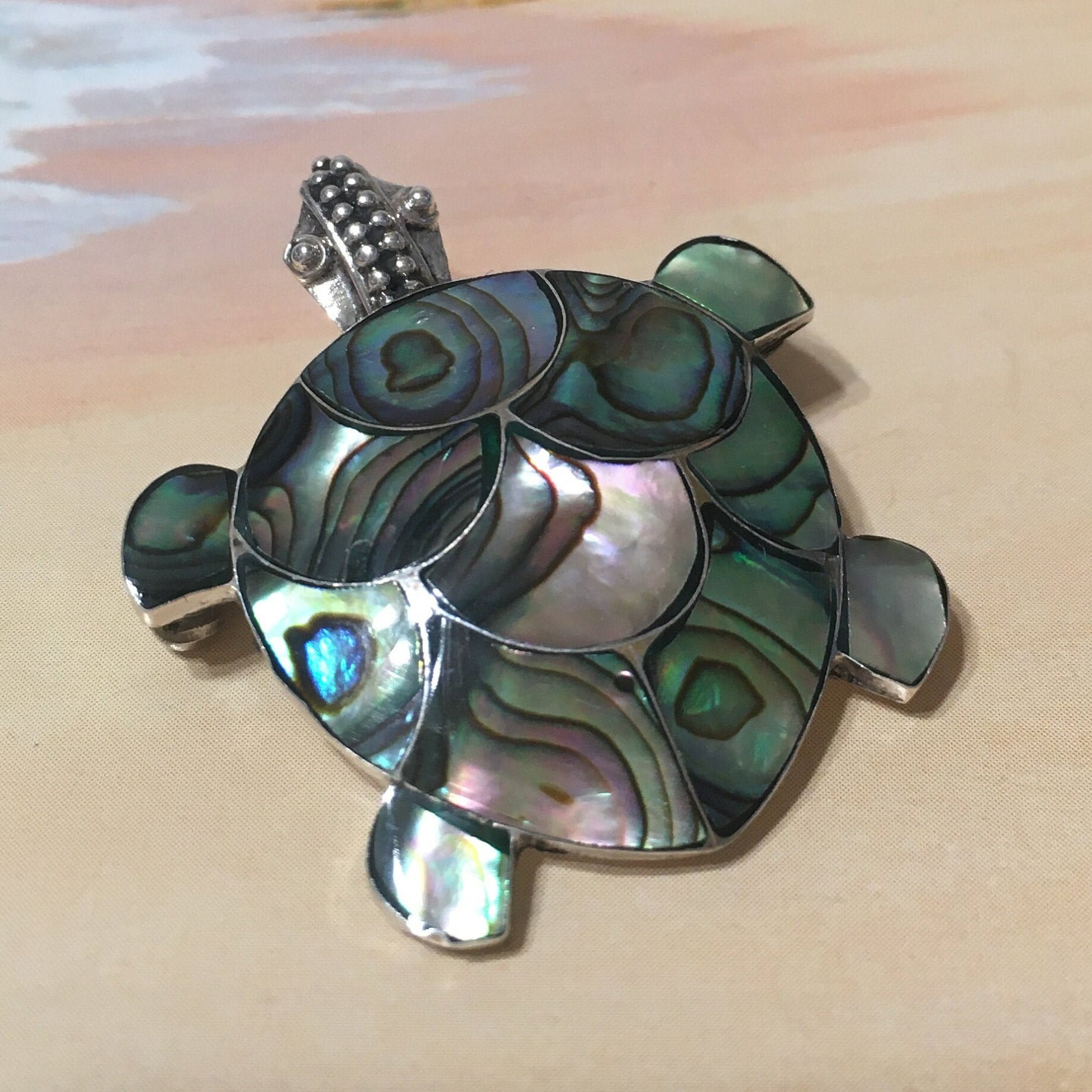 Unique Hawaiian Large Genuine Paua Shell Sea Turtle Necklace, Sterling ...