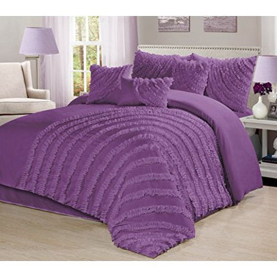 Unique Home Hillary 7 Piece Comforter Set Solid Purple Ruffled Bedding ...