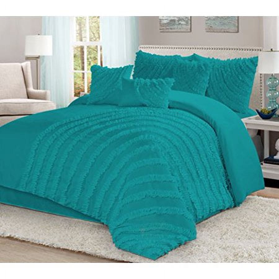 Unique Home Hillary 7 Piece Comforter Set Solid Teal Ruffled Bedding ...