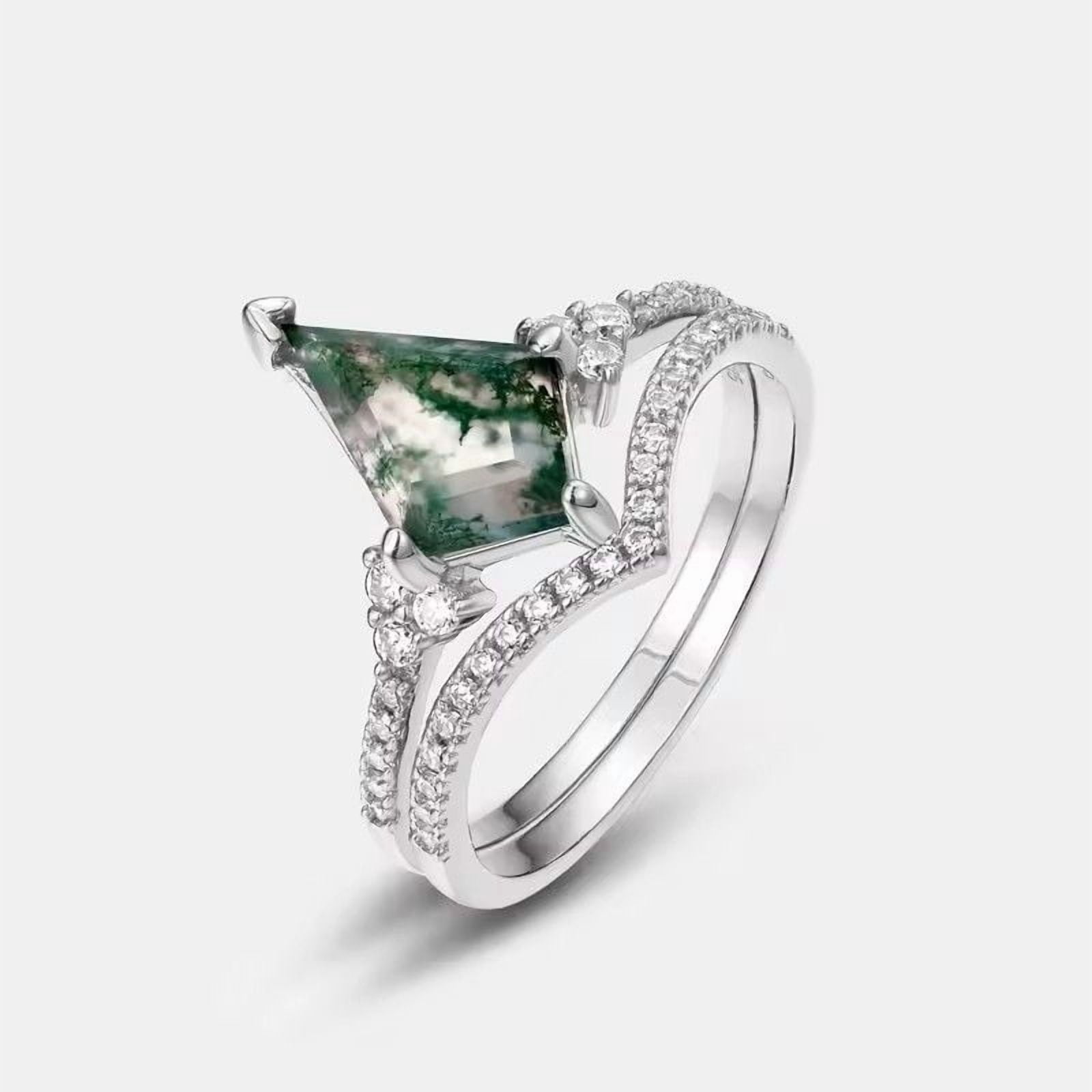 Unique Kite Cut Lab Created Moss Agate & Diamond Engagement Ring Set in Sterling Silver ...