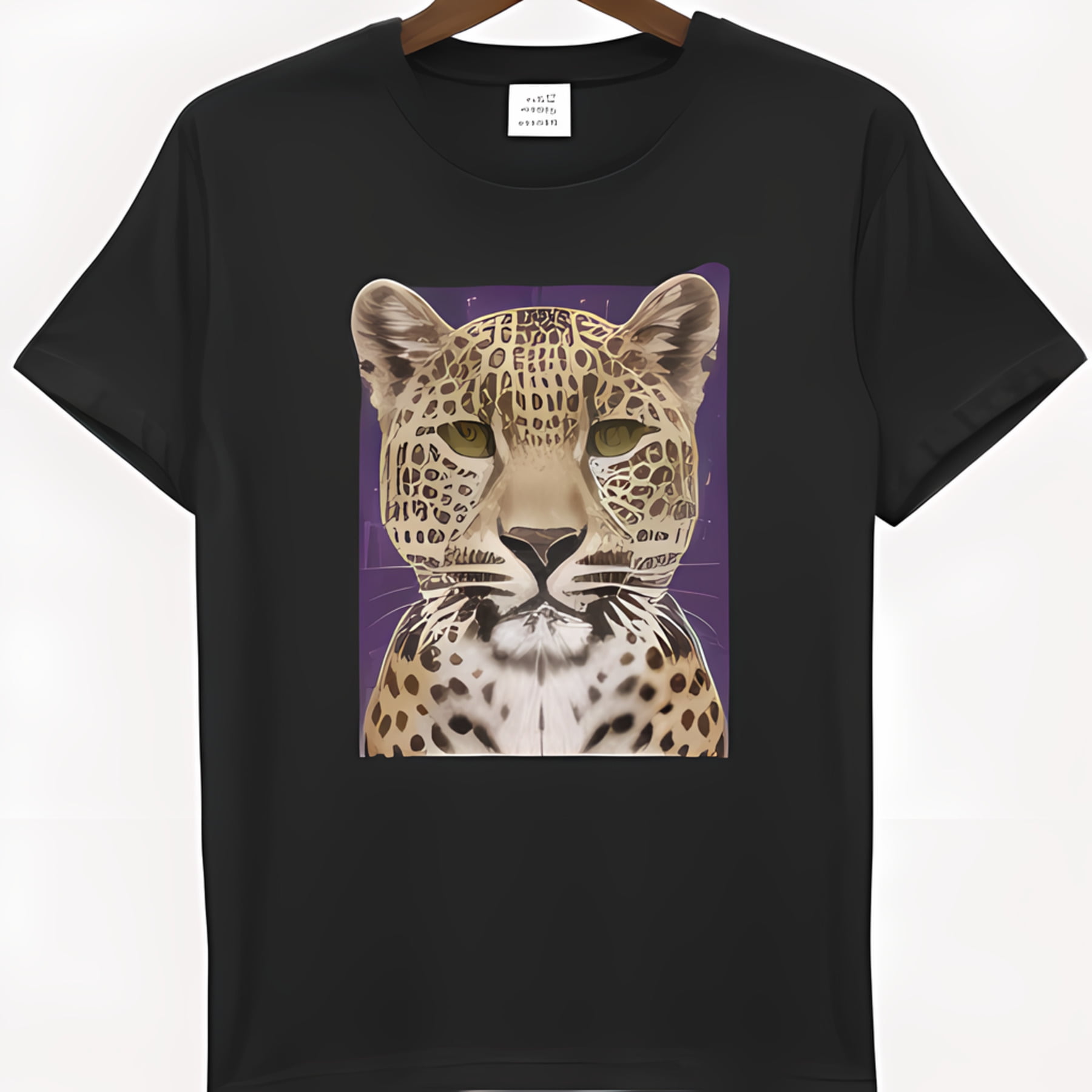 Unique Leopard Illustration Black T-Shirt Realistic Design Detailed ...
