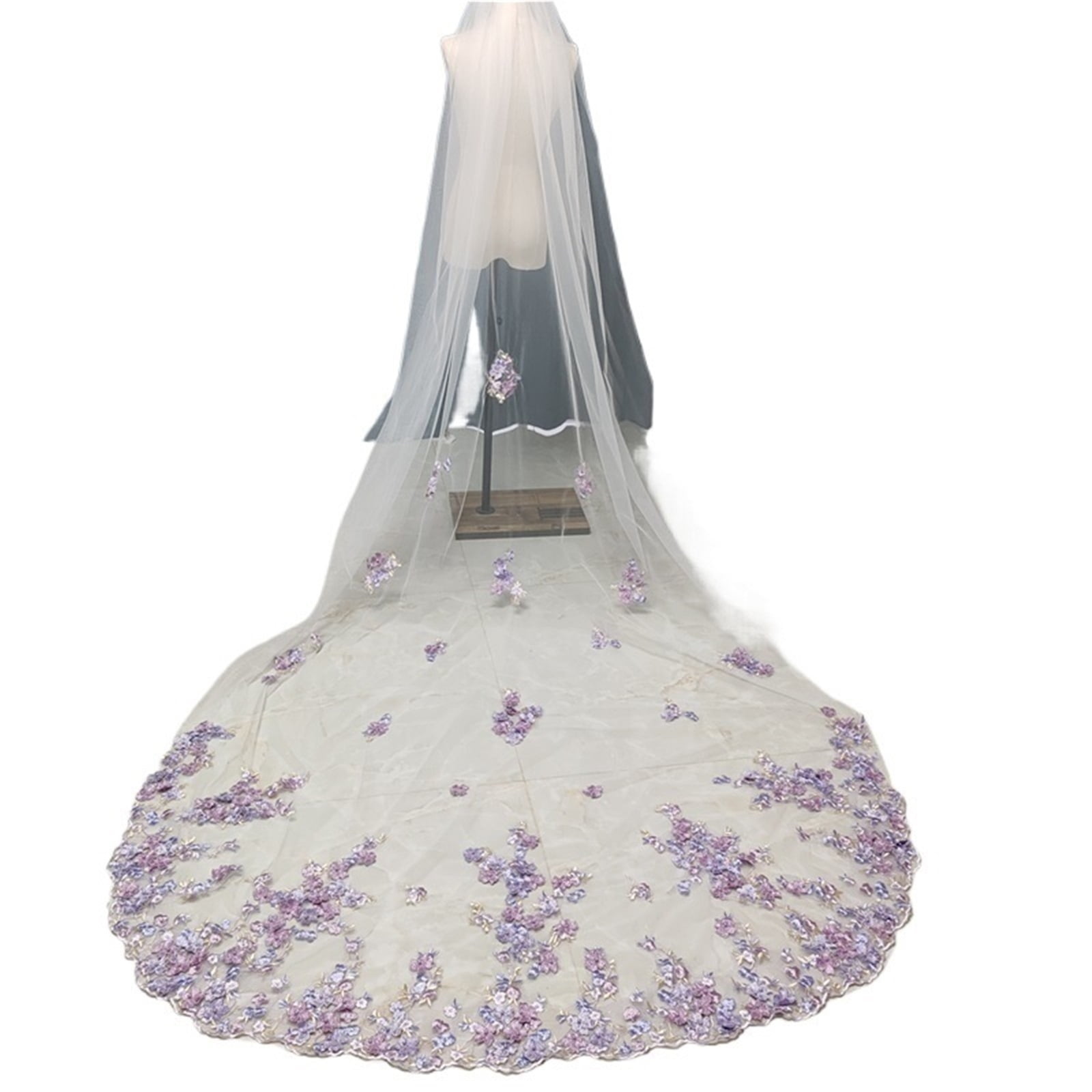 Unique Lilac Purple 3D Floral Bridal Veil with Pearls and Edge, Long ...