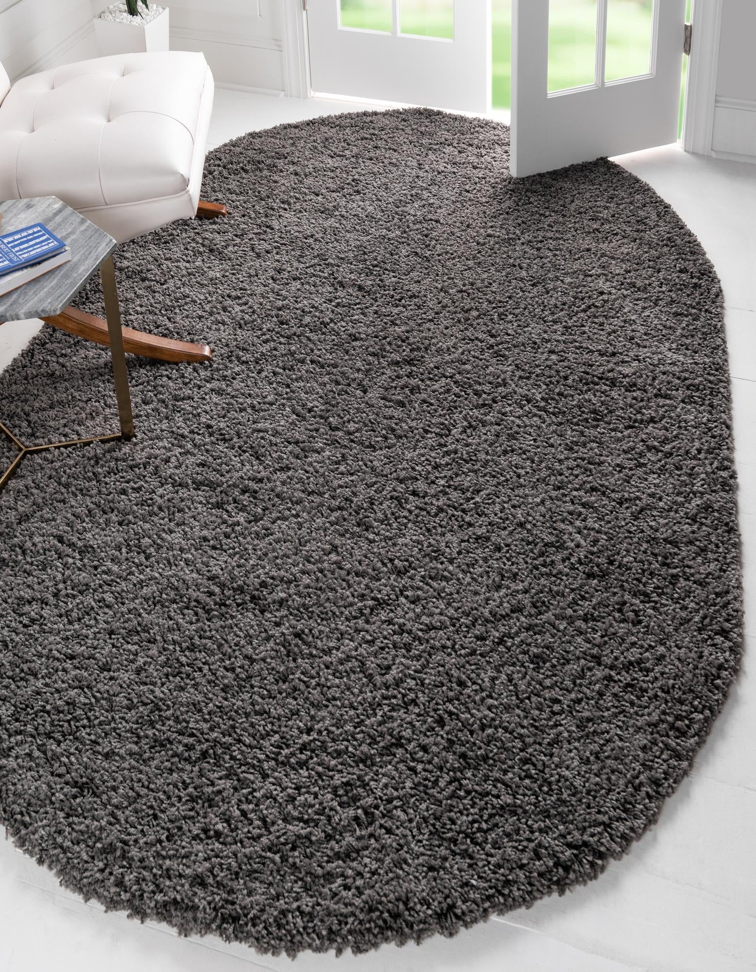 Unique Loom Solid Shag Collection Area Rug (8' x 10' Oval Graphite Gray ...