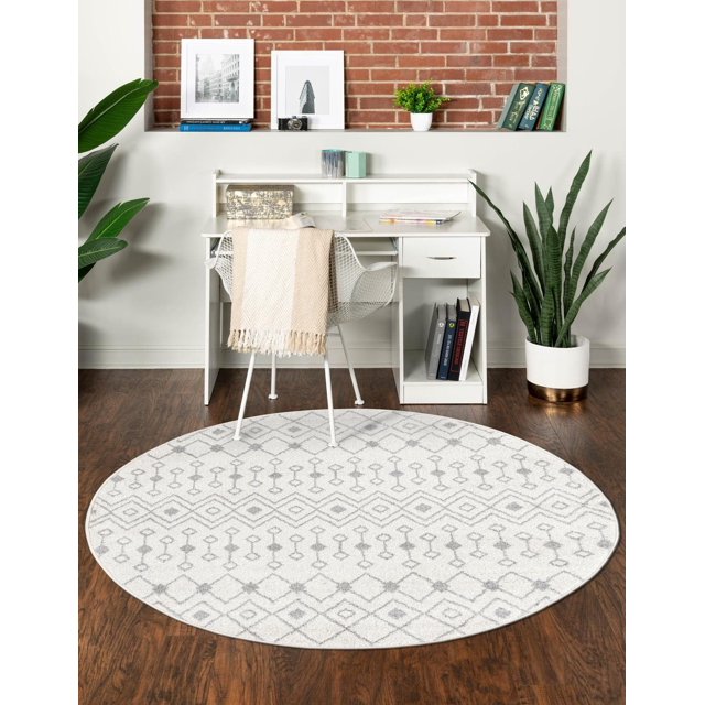 Unique Loom Tribal Trellis Collection Area Rug - Alaoui (6' Round Ivory ...