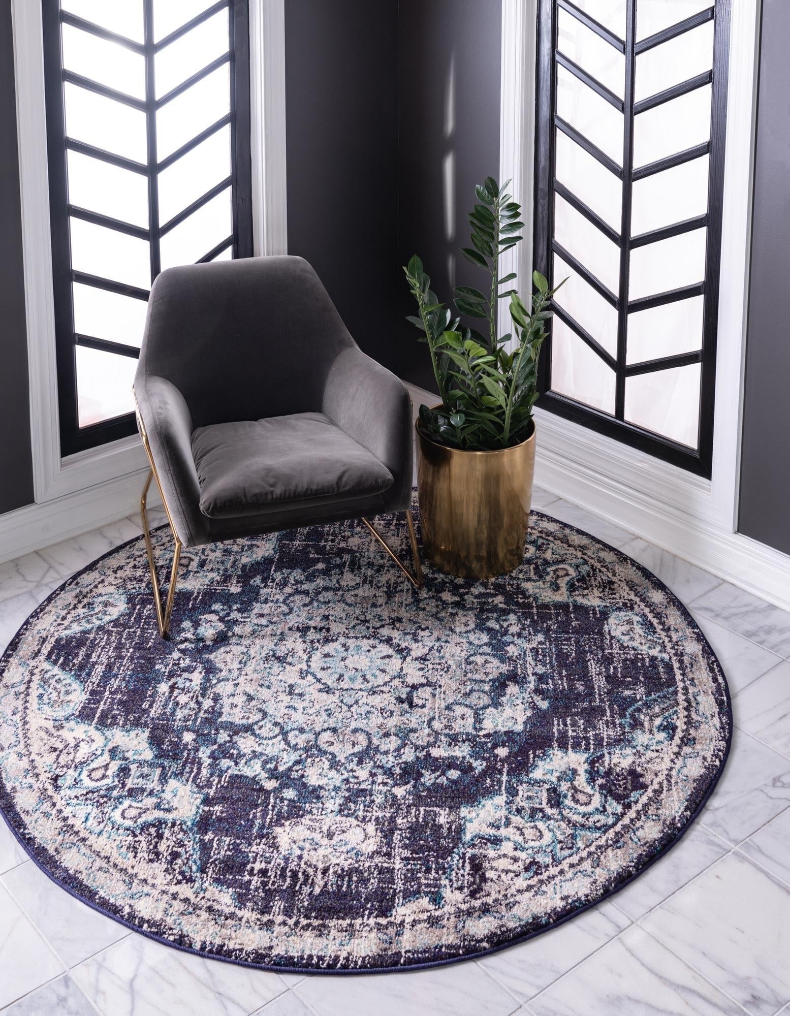 Unique Loom Alexis Penrose Rug Navy Blue/Beige 6' 1" Round Medallion ...