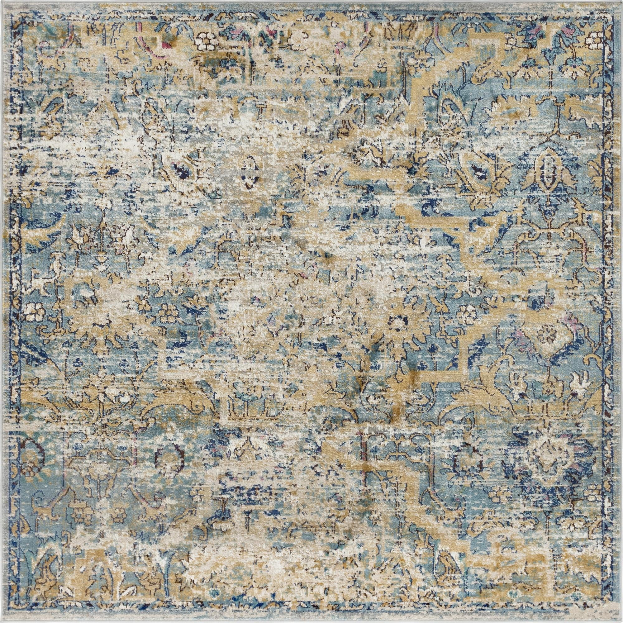 Unique Loom Assisi Augustus Rug Light Blue/Tan 7' Square Floral ...