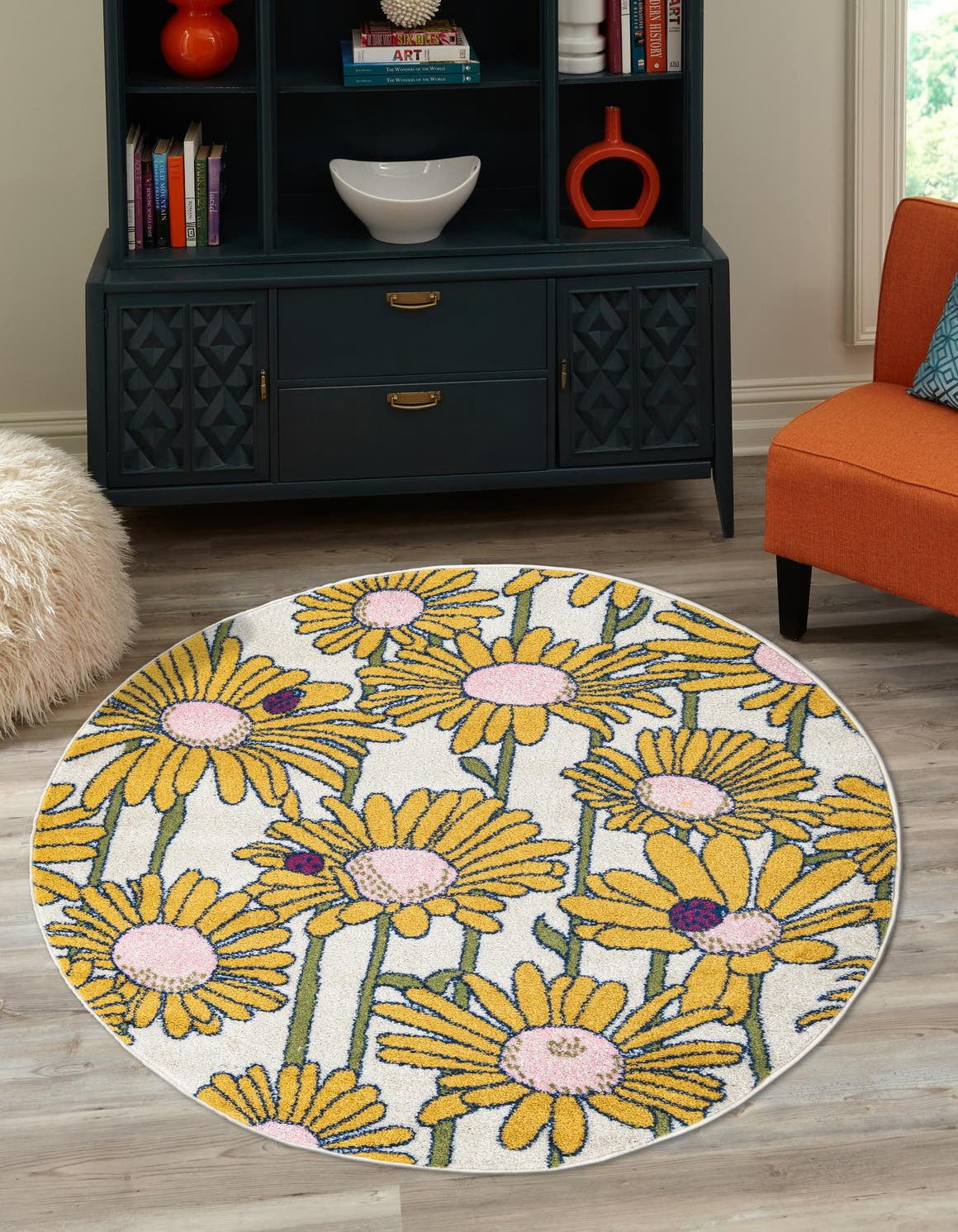 Unique Loom Azalea Bloom Rug ,Round,5' 3" x 5' 3" White Modern Floral ...