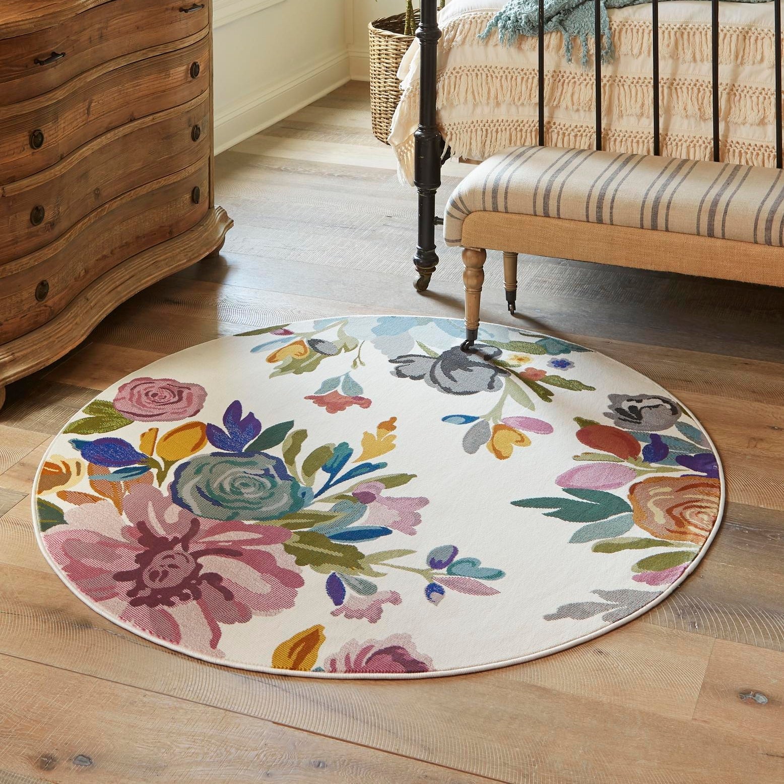 Unique Loom Blossom Collection Area Rug - Laura (7' Round Ivory/Black ...