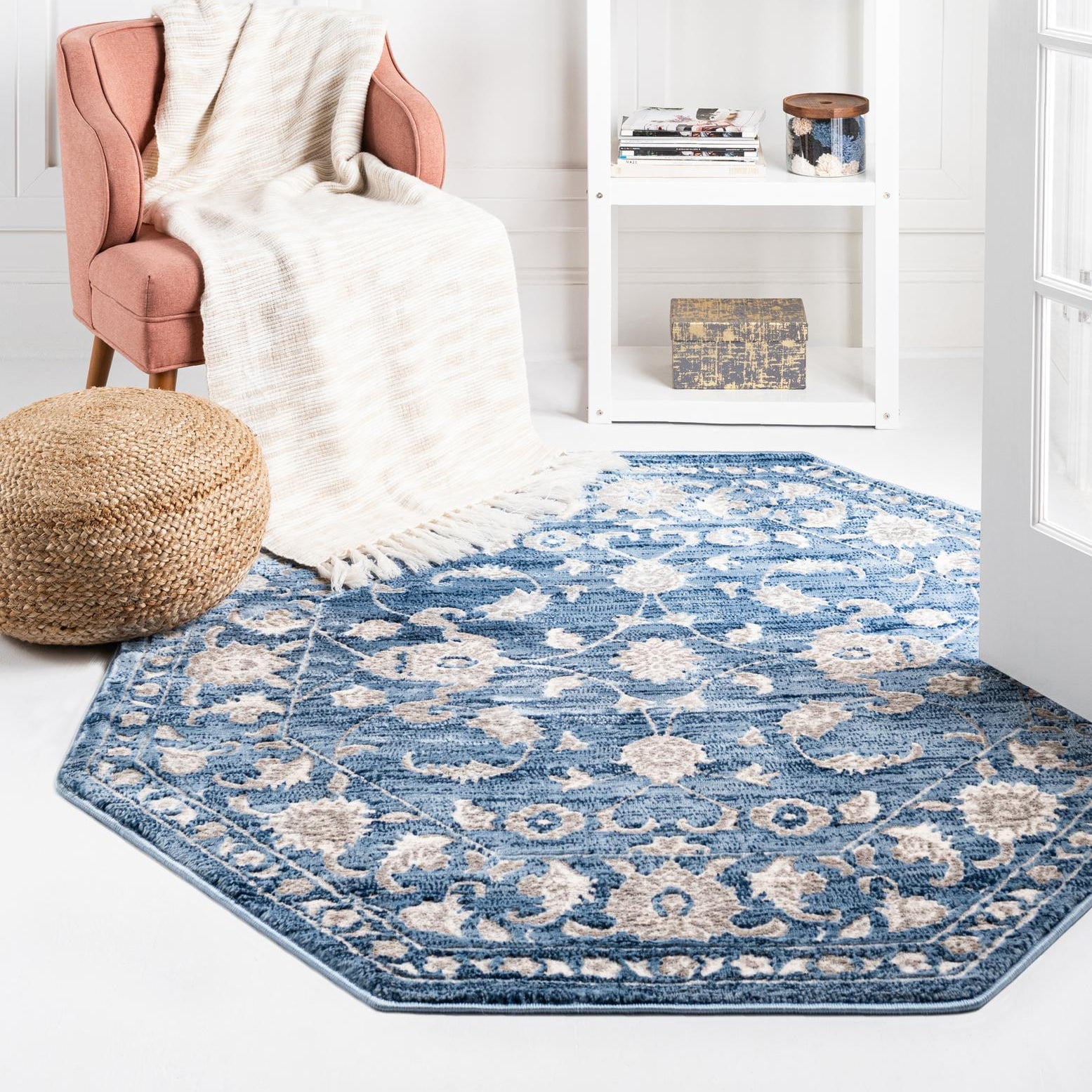 Unique Loom Boston Collection Area Rug - Floral (5' 3" Octagon Blue ...