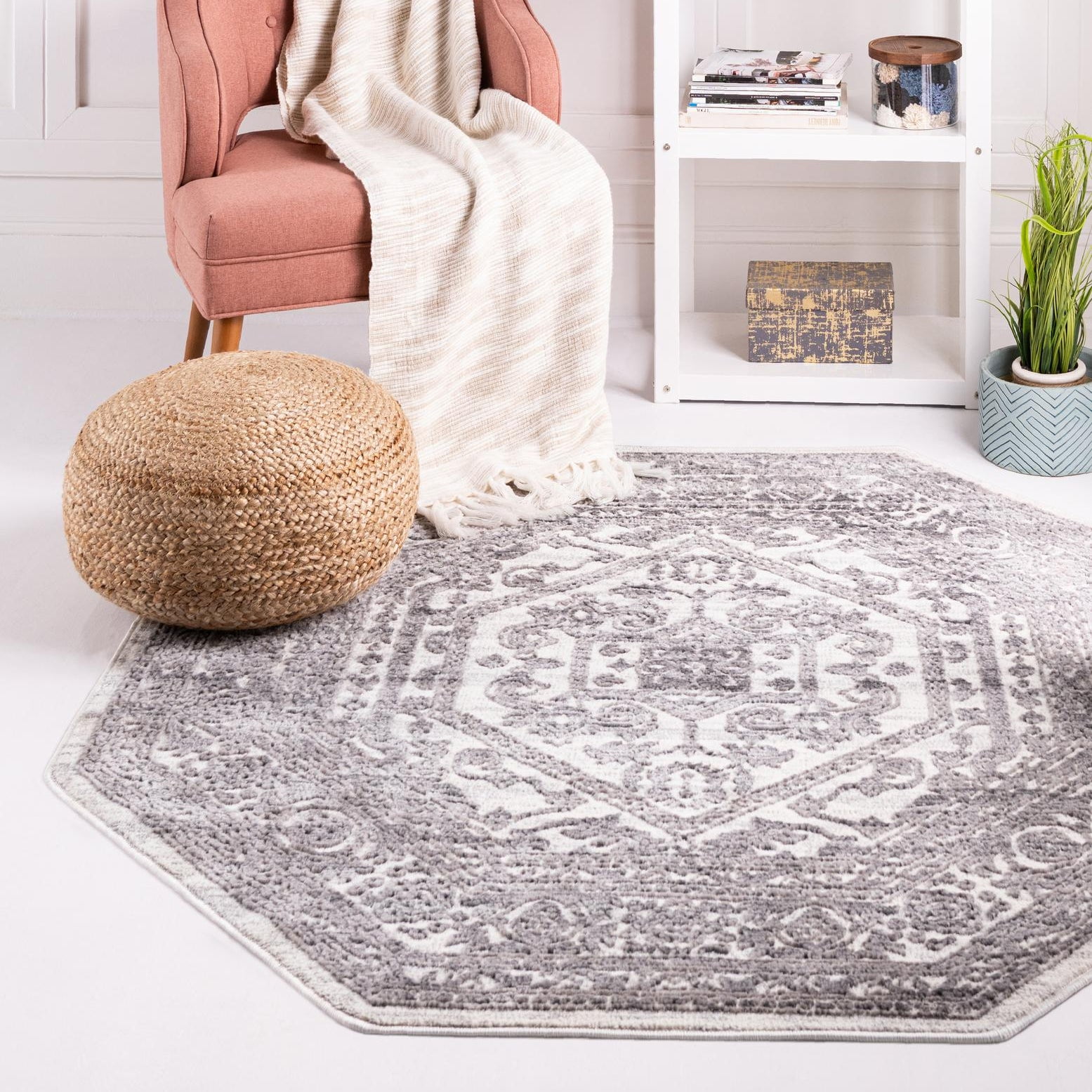 Unique Loom Boston Collection Area Rug - Medallion (5' 3" Octagon White ...