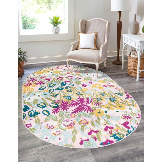 Unique Loom Celosia Bloom Rug ,Oval,6' 1" x 9' 0" Pink Modern Floral ...