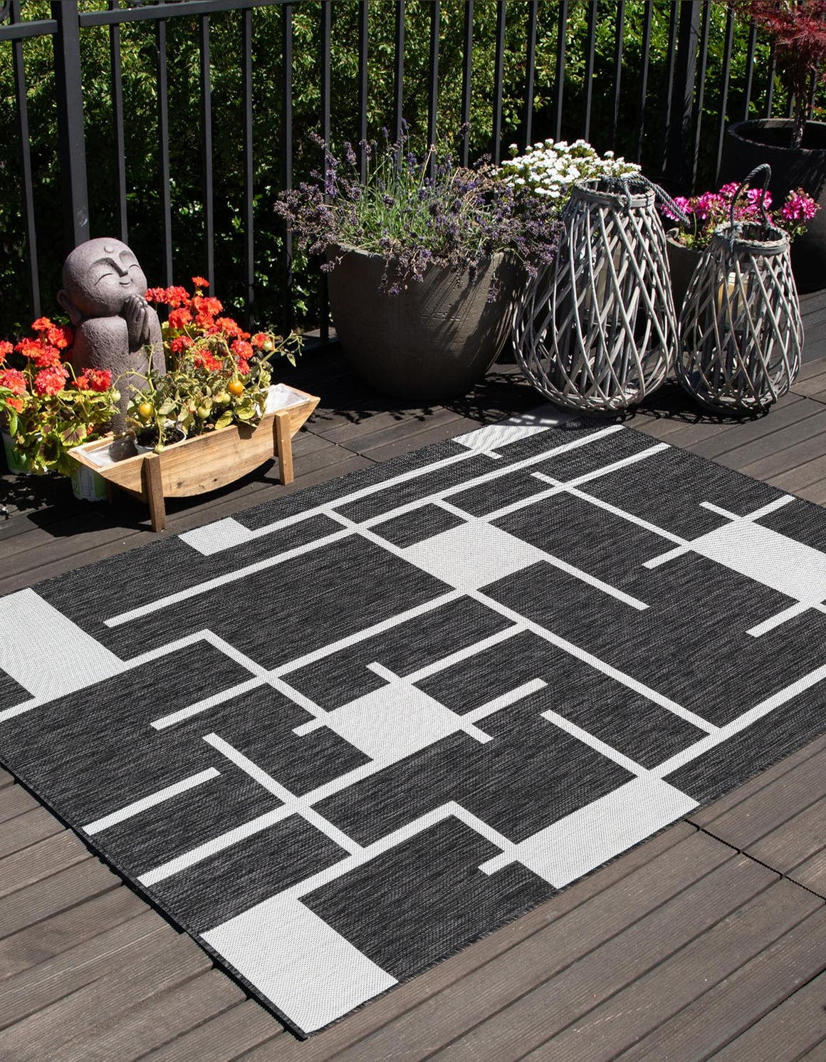 Unique Loom Checker Outdoor Modern Rug 7' 1 x 10' 0 Rectangle Black and ...