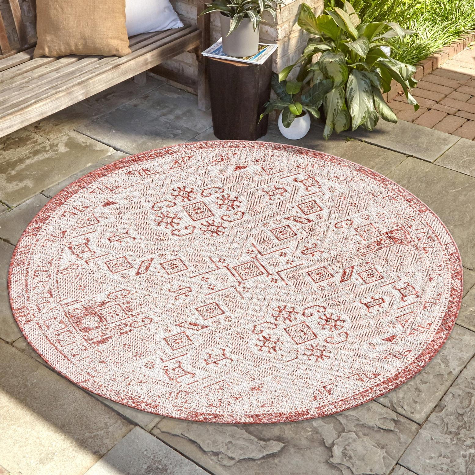 Unique Loom Outdoor Aztec Collection Area Rug - Coba (4' Round Rust Red ...