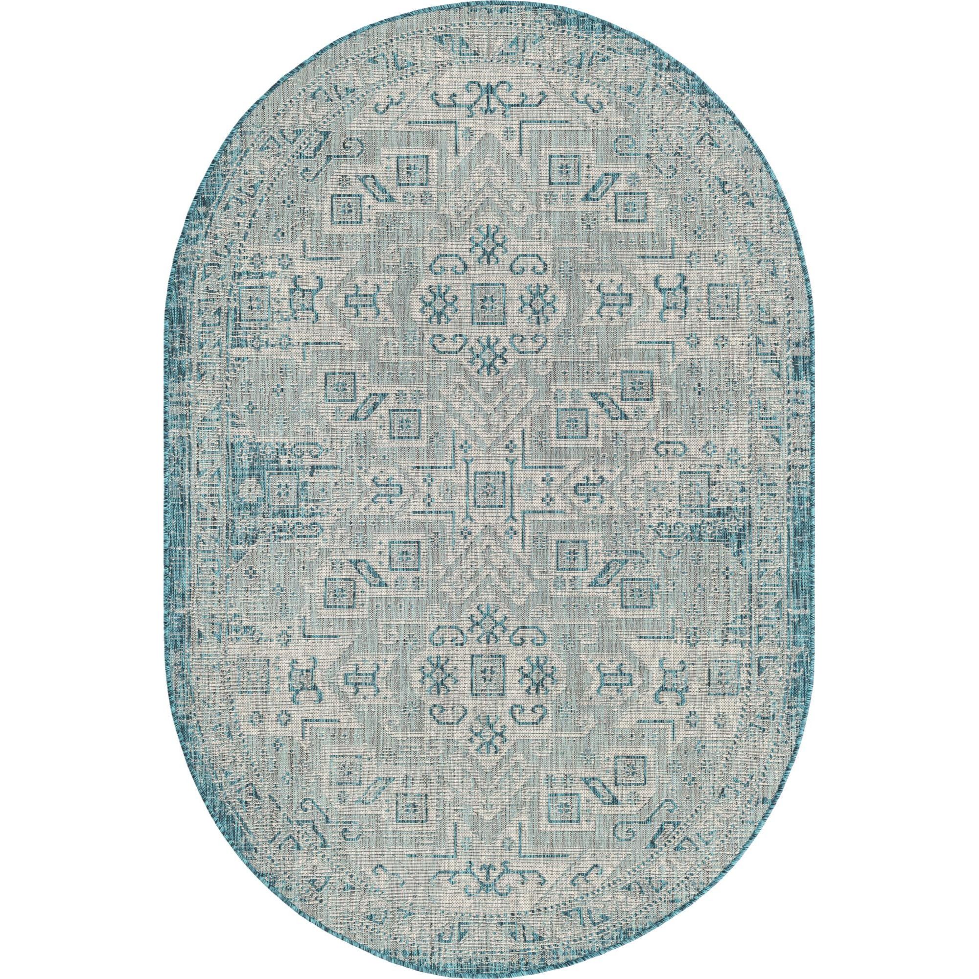 Unique Loom Coba Indoor/Outdoor Aztec Rug Teal/Ivory 5' 3" x 8' Oval ...