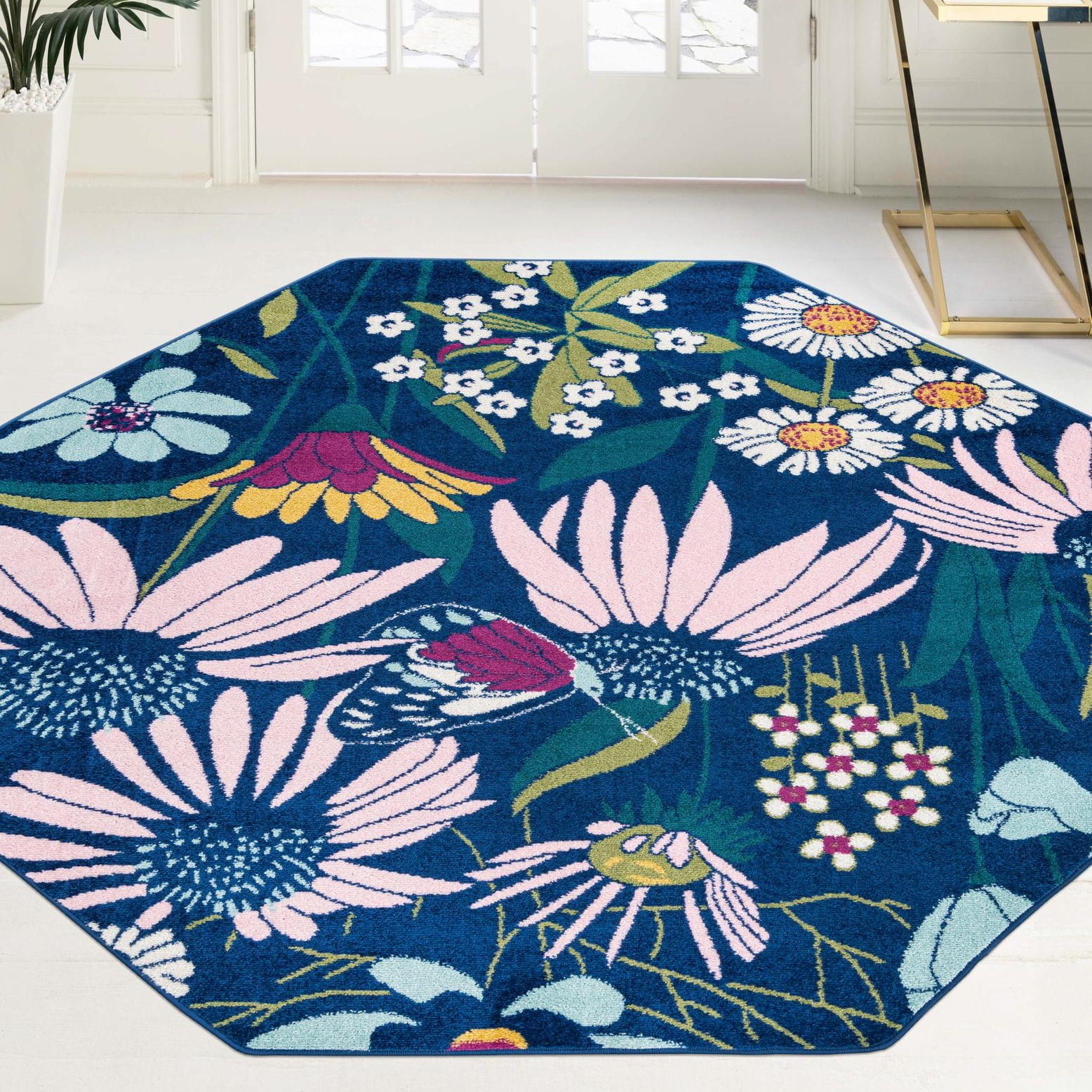 Unique Loom Bloom Collection Area Rug - Daisy (7' Octagon Navy Blue ...