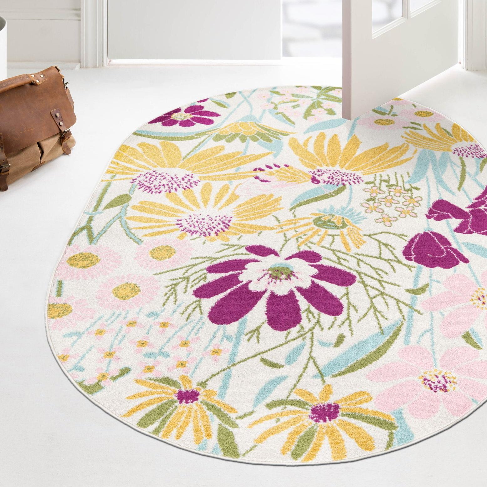 Unique Loom Bloom Collection Area Rug - Daisy (6' x 9' Oval White/Yellow) - Walmart.com