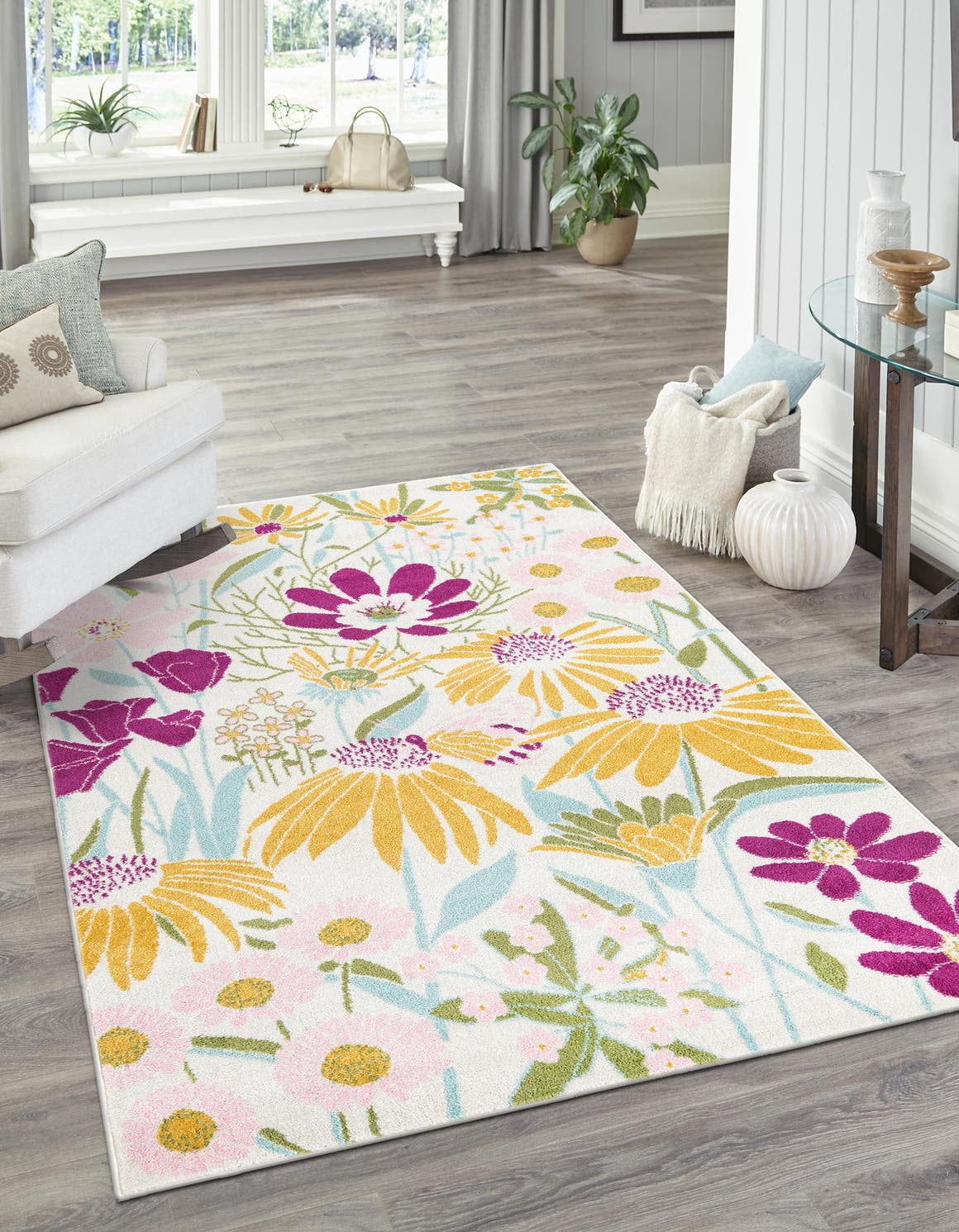 Unique Loom Daisy Bloom Rug ,Rectangle,10' 0" x 14' 1" White Modern ...