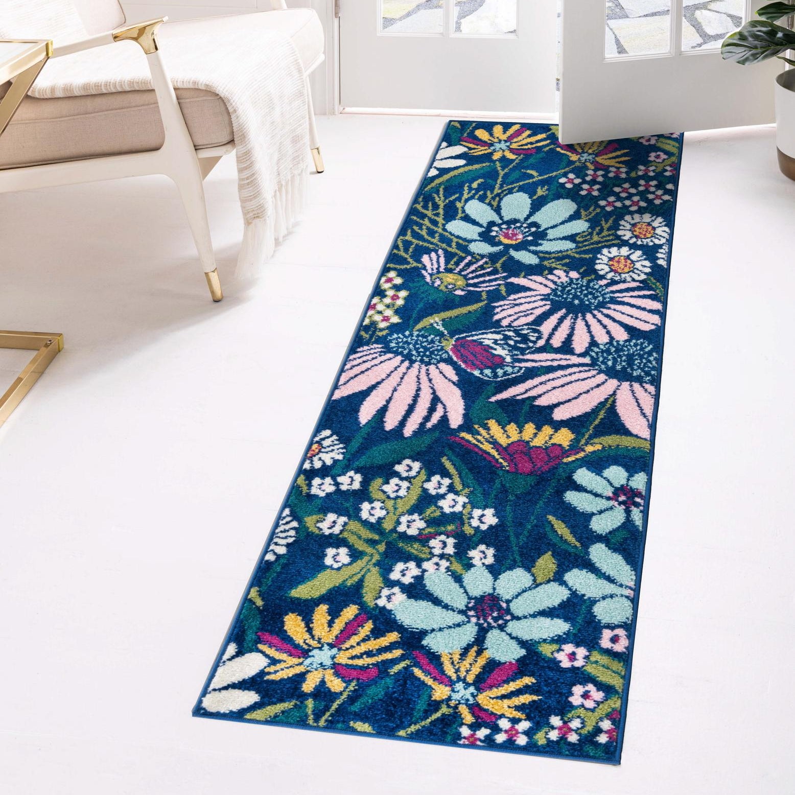 Unique Loom Bloom Collection Area Rug - Daisy (2' 7" x 12' Runner Navy ...