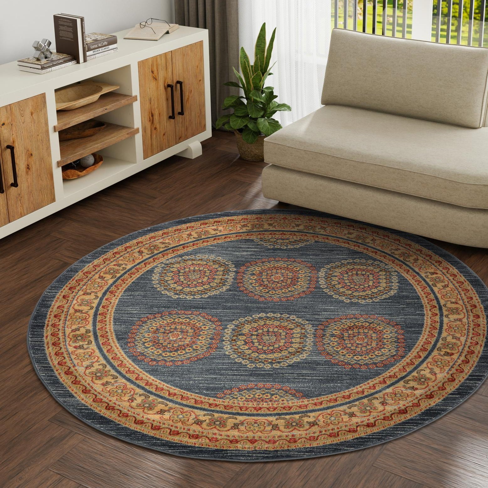 Unique Loom Fars Collection Area Rug - Provence (8' Round Blue/Navy ...