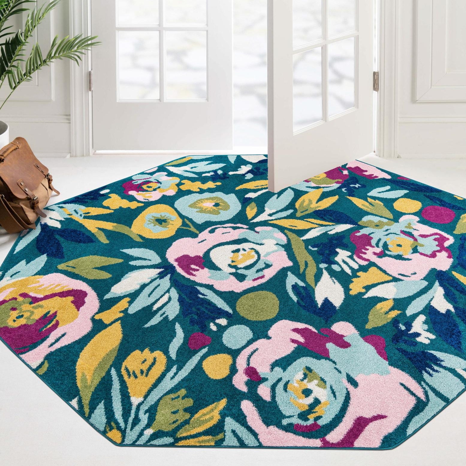 Unique Loom Bloom Collection Area Rug - Hyacinth (7' Octagon Teal/Ivory ...