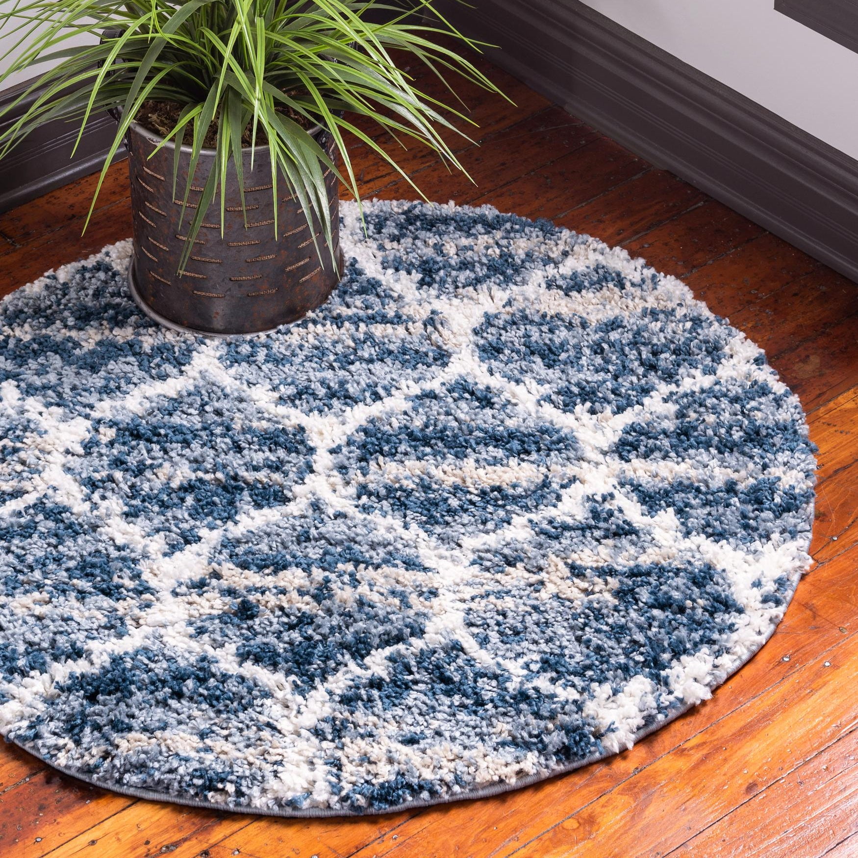 Unique Loom Hygge Shag Collection Area Rug - Trellis (5' Round Blue ...