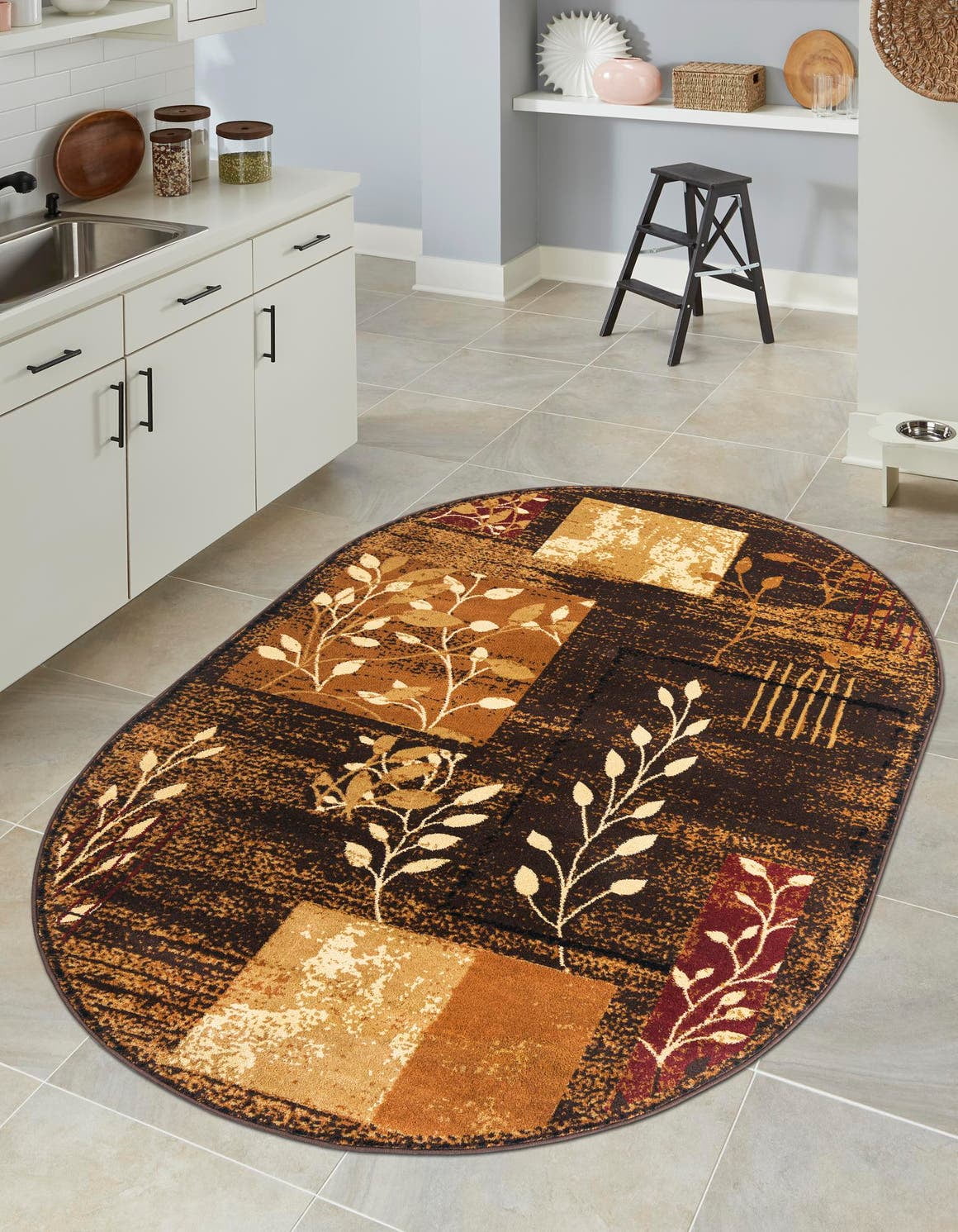 Unique Loom Inizio Cafe Rug ,Oval,5' 3" x 8' 0" Brown Modern Botanical ...