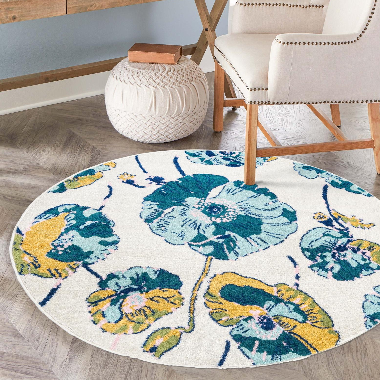 Unique Loom Bloom Collection Area Rug - Iris (7' Round White/Light Blue ...