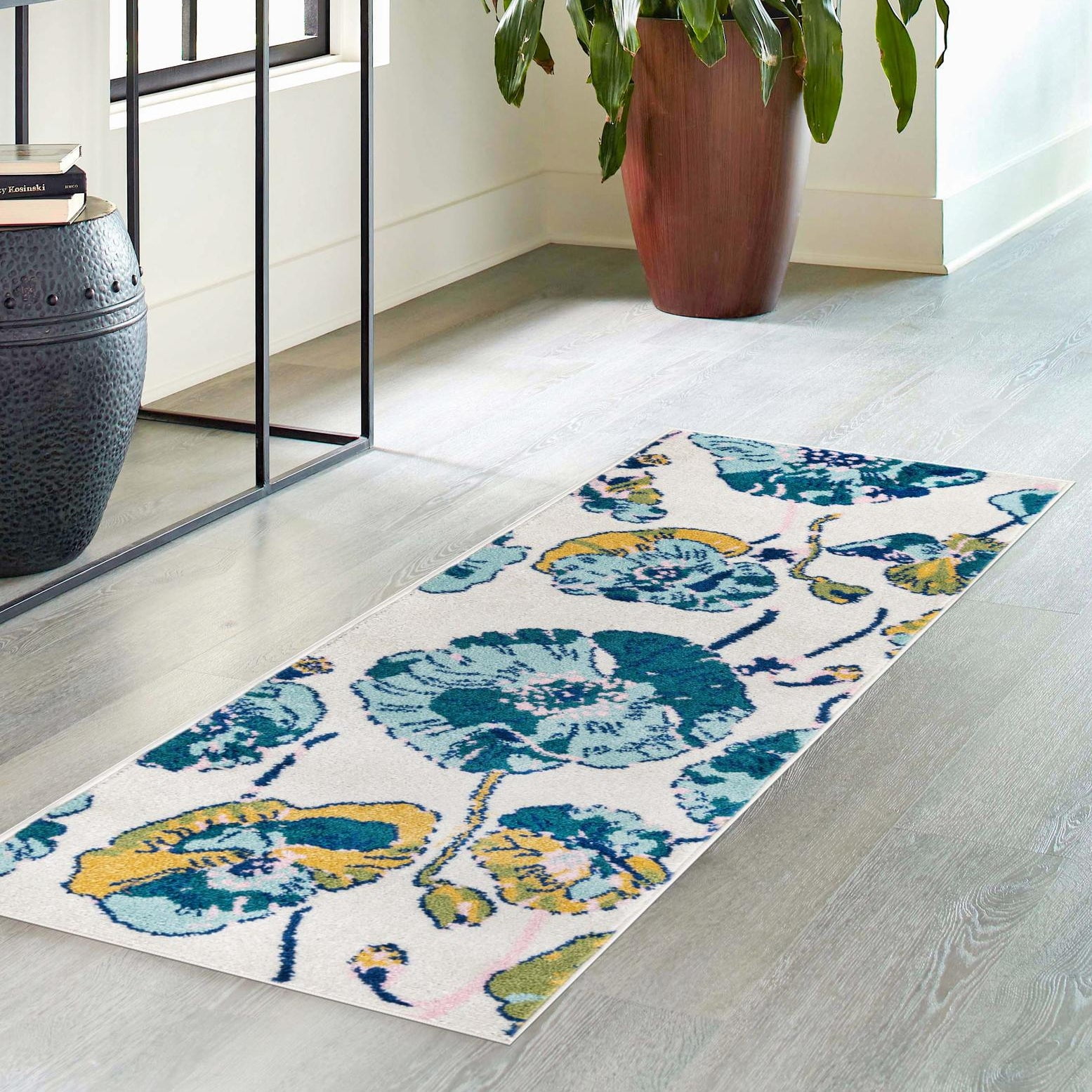 Unique Loom Bloom Collection Area Rug - Iris (2' 7" x 12' Runner White/Light Blue) - Walmart.com