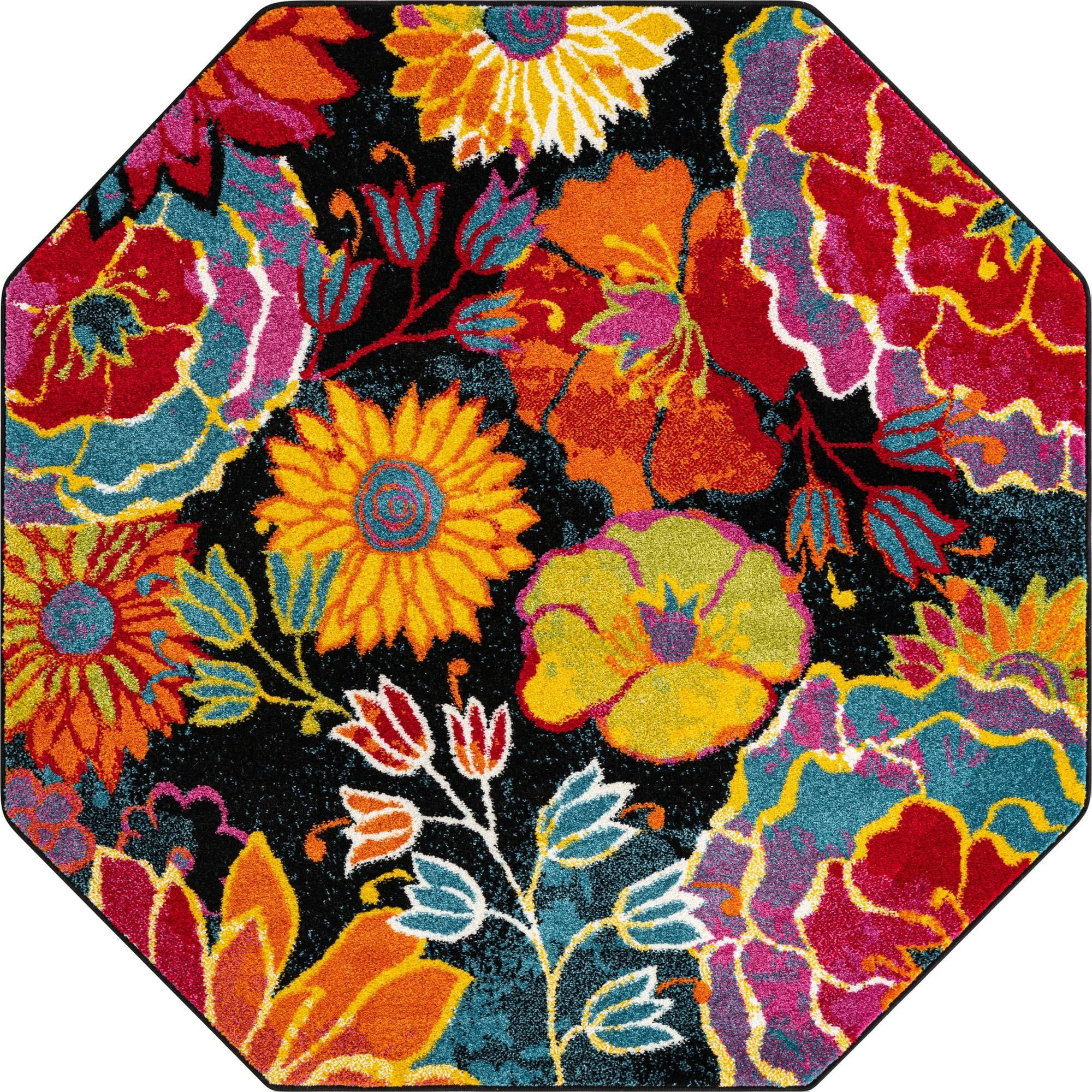 Unique Loom Kennedy Lyon Rug Black/Green 7' 11" Octagon Floral ...