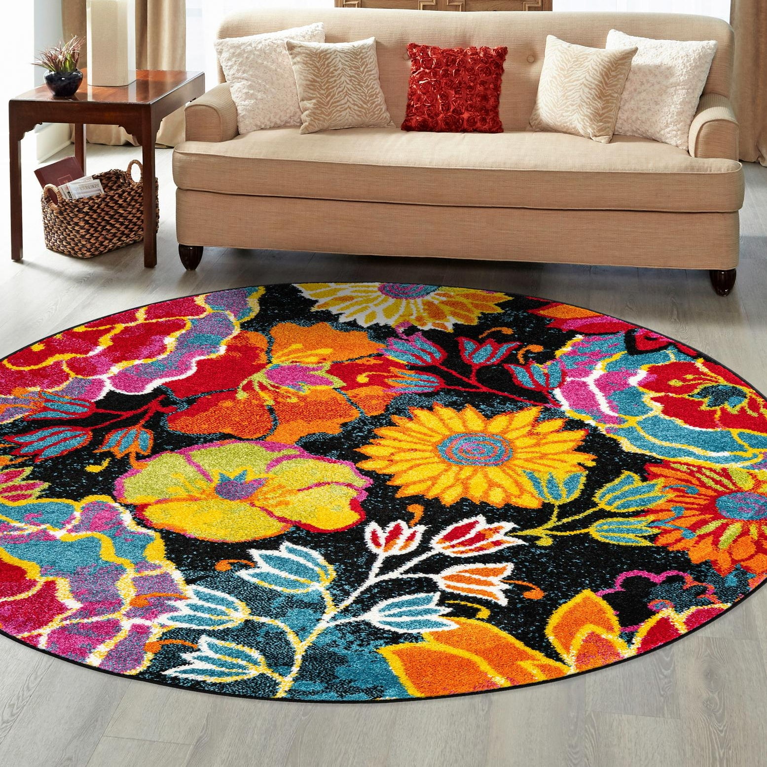 Unique Loom Kennedy Lyon Area Rug, Black/Green, 3' 3" Round, Floral ...