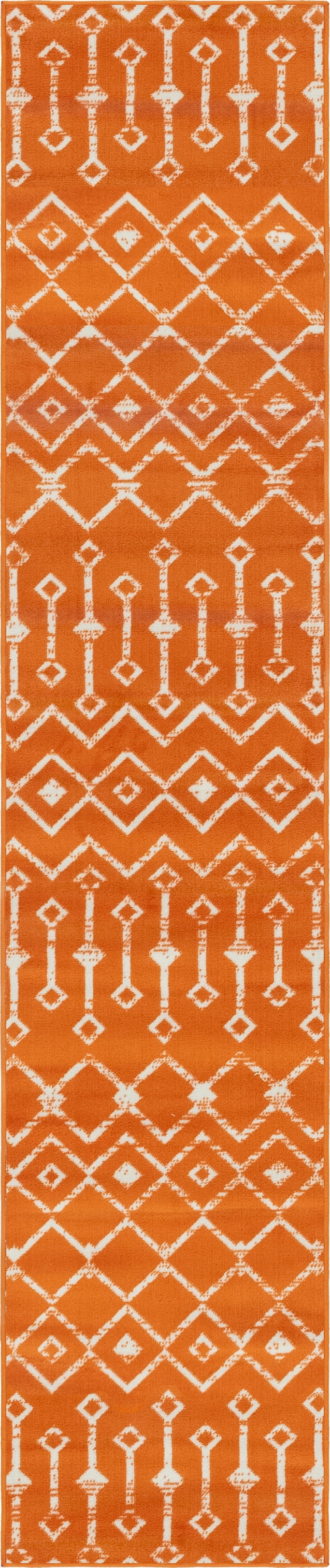 2' x 9.75' Orange and Ivory Tribal Geometric Rectangular Rug Runner ...