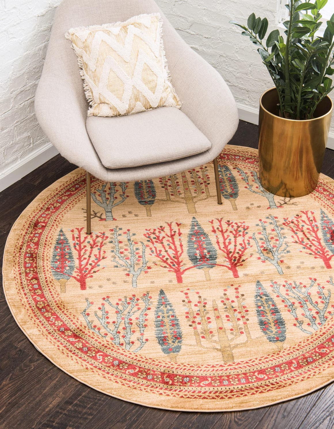 Unique Loom Mesquite Fars Rug Tan/Red 8' Round Border Modern Perfect ...