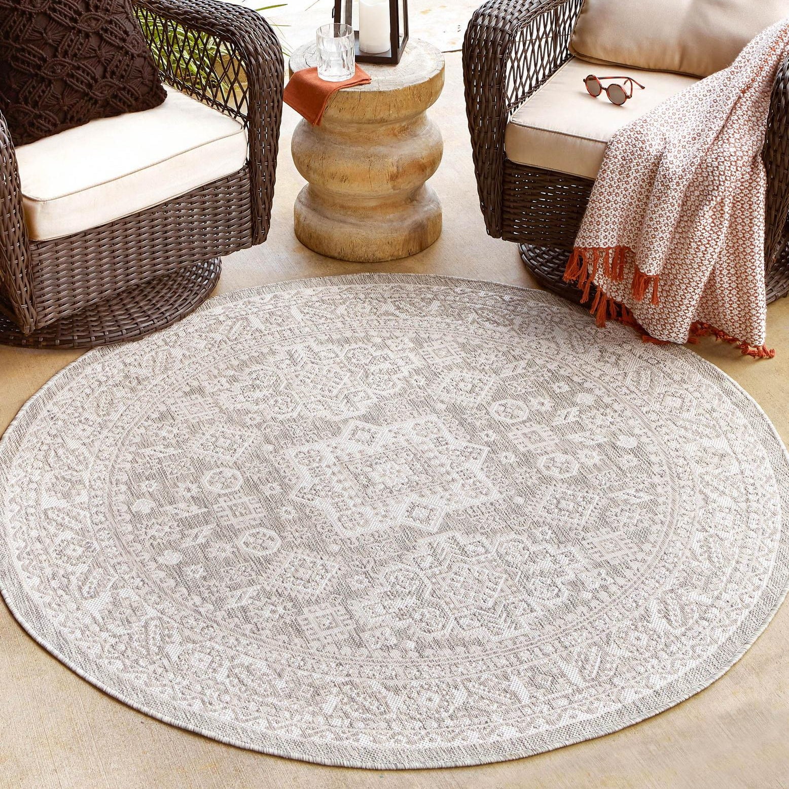 Unique Loom Outdoor Aztec Collection Area Rug - Chalca (4' Round Light ...