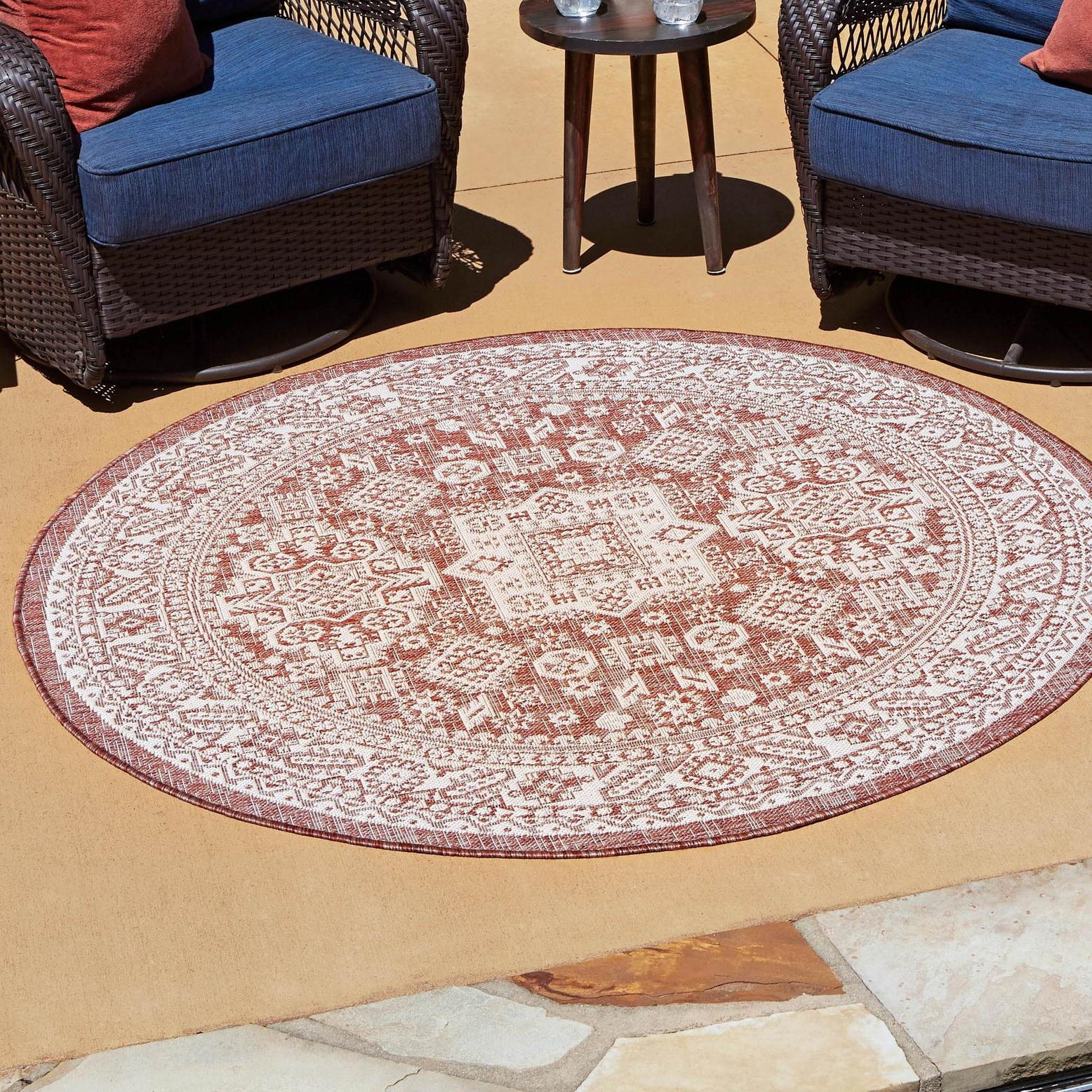 Unique Loom Outdoor Aztec Collection Area Rug - Chalca (6' 1" Round Rust Red/Ivory) - Walmart.com