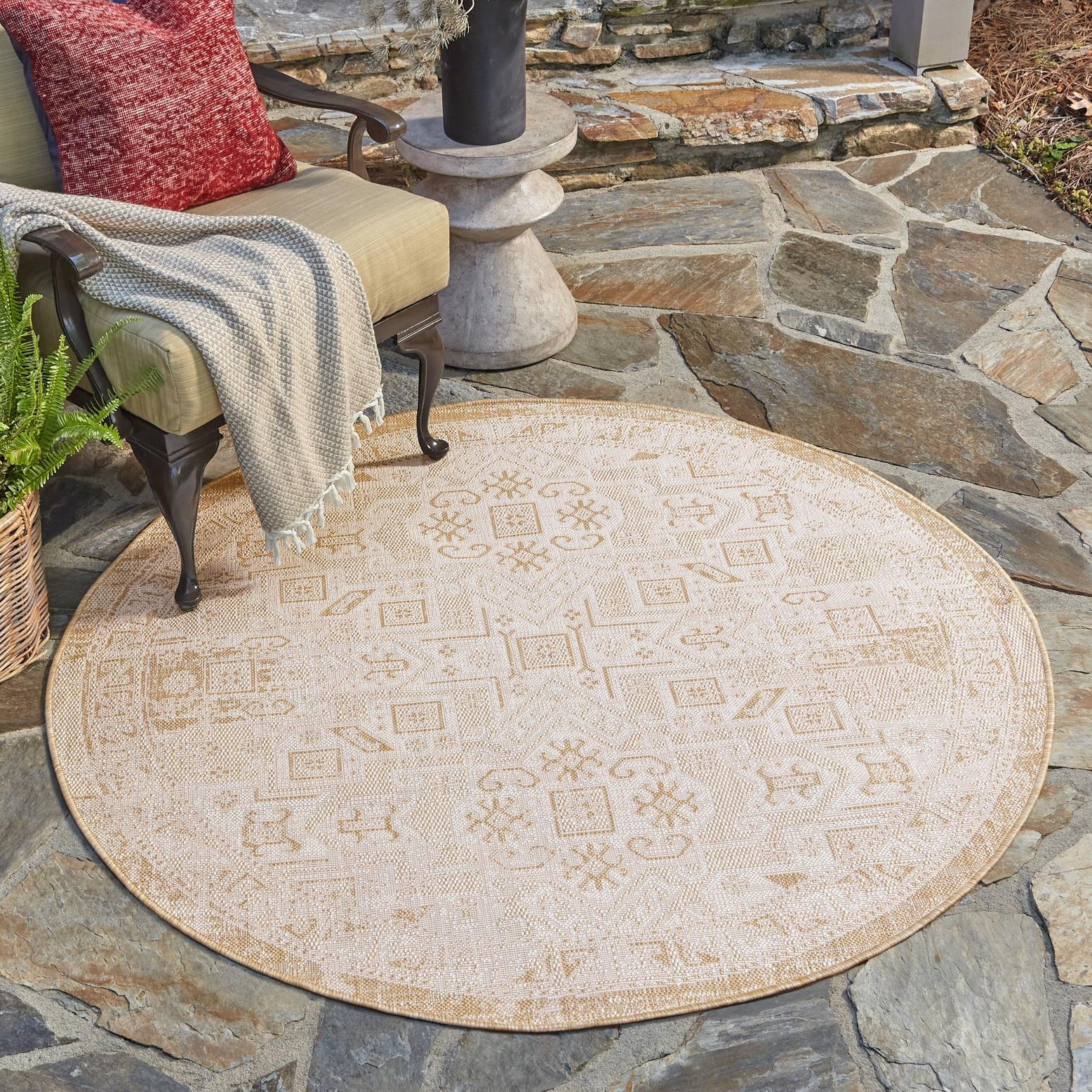 Unique Loom Outdoor Aztec Collection Area Rug - Coba (10' Round Natural ...