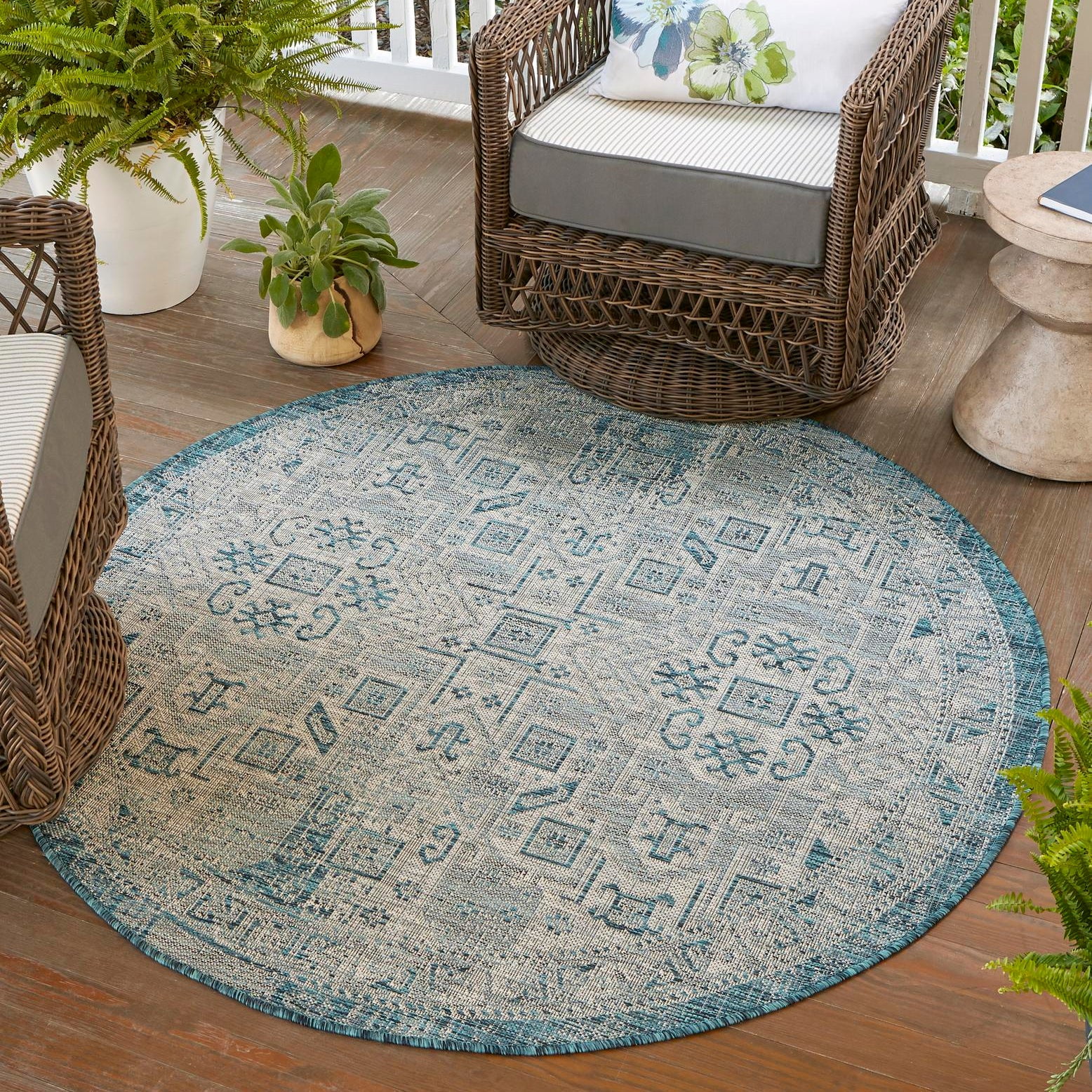 Unique Loom Outdoor Aztec Collection Area Rug - Coba (5' 3" Round Teal ...