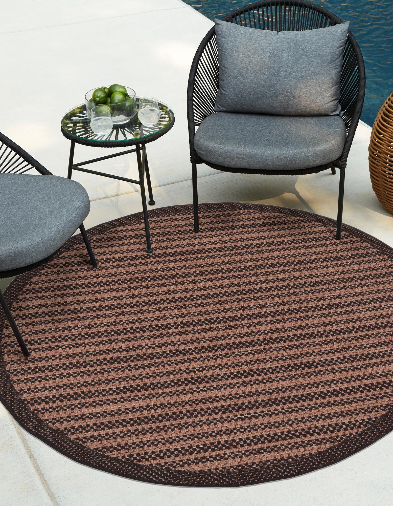 Unique Loom, Outdoor Border Collection Area Rug, 6' Round, Checkered ...