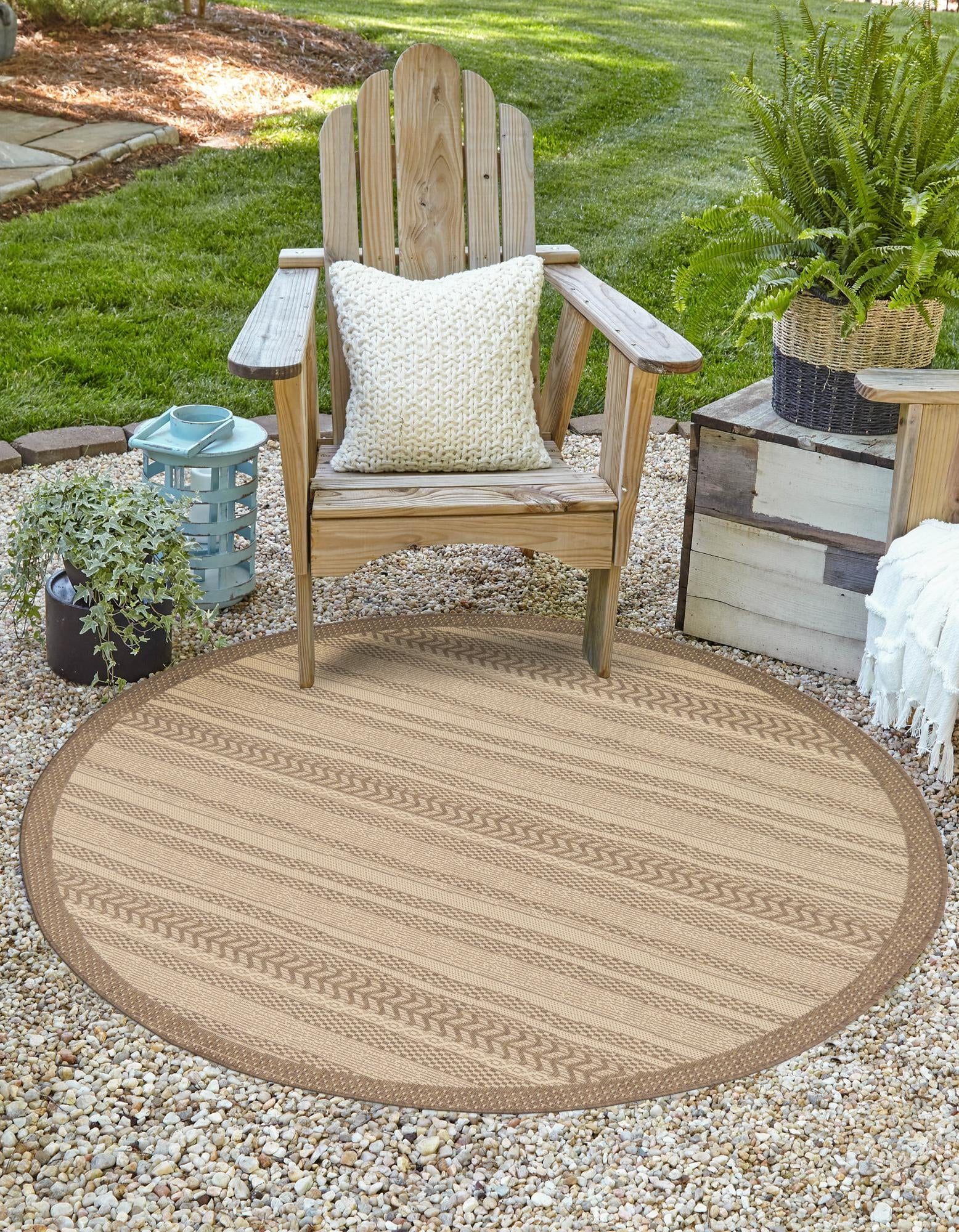 Unique Loom Outdoor Border Collection Area Rug - Lines (6' Round Beige ...