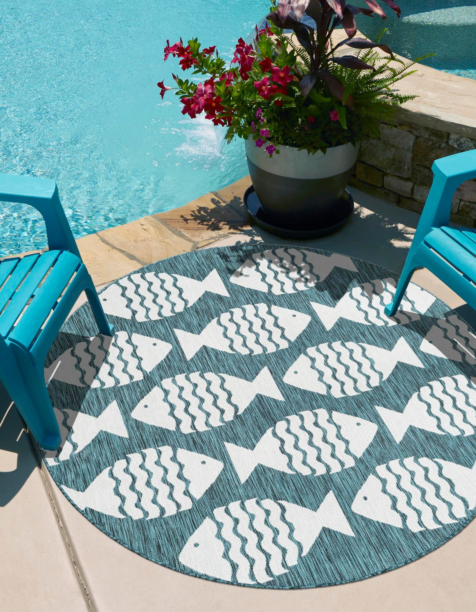 Unique Loom Outdoor Coastal Collection Area Rug - Pesci (6' 1" Round ...